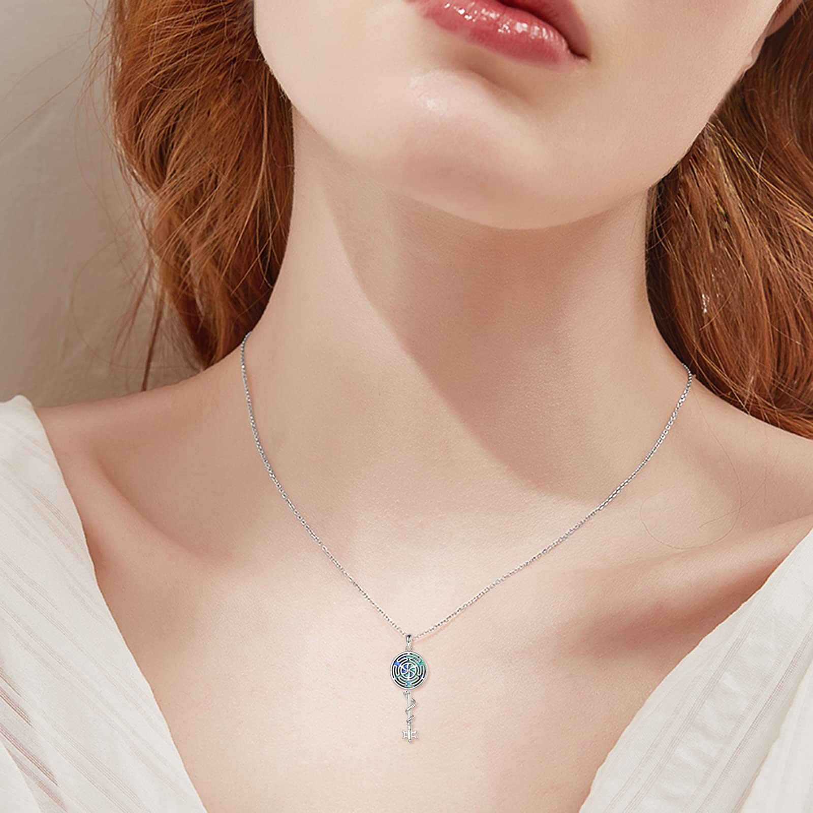 URONE Hecate Necklace S925 Silver Wiccan Wheel of Hecate Goddess Symbol Abalone Shell Hecate Pendant Necklace for Women