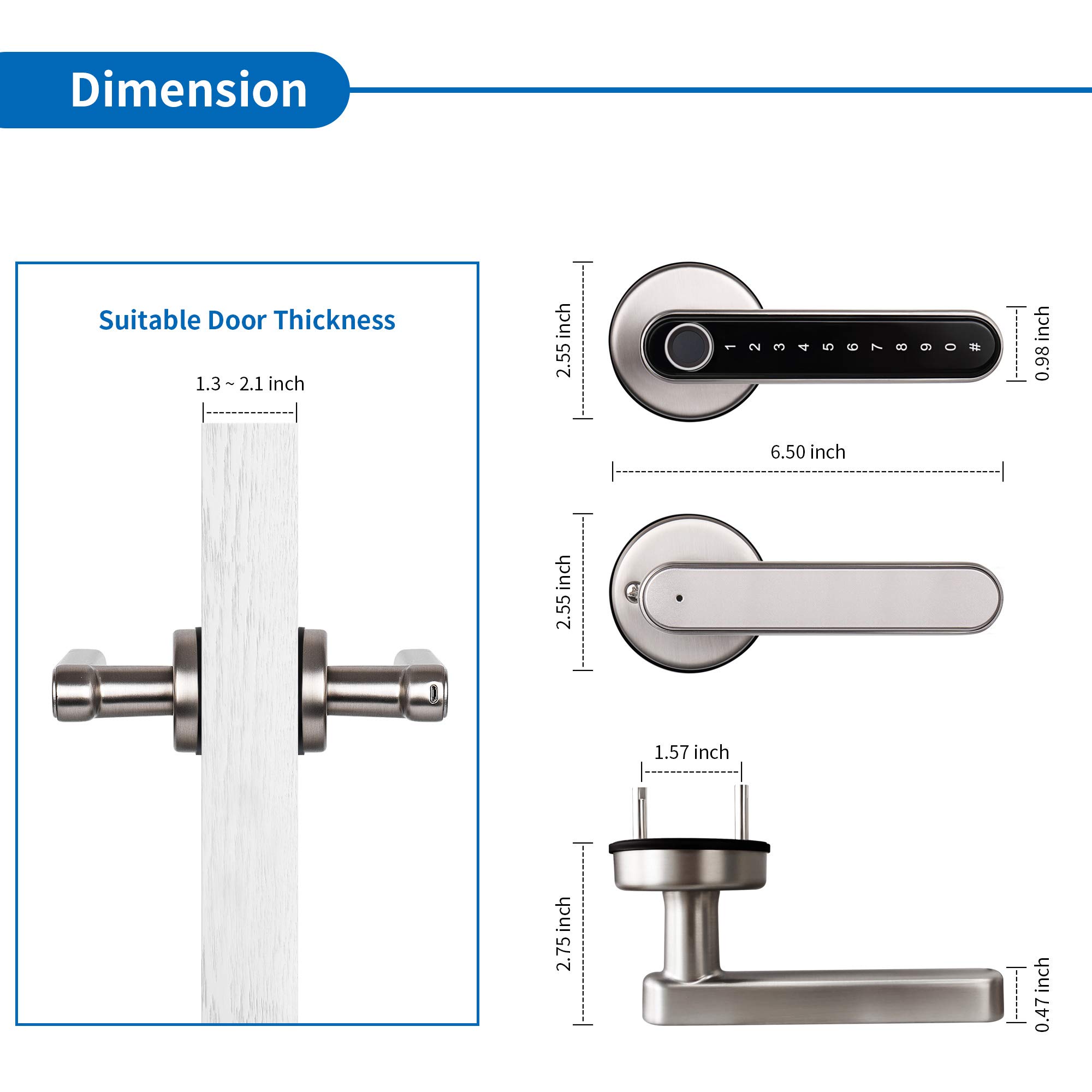 Smart Lock Fingerprint Door Lock,CATCHFACE Keyless Entry Door Lock Smart Door Handle Digital Door Lock Fingerprint/TTLock App/Code/Backup Key Smart Door Lock for Front Door Airbnb Office(Satin Nickel)