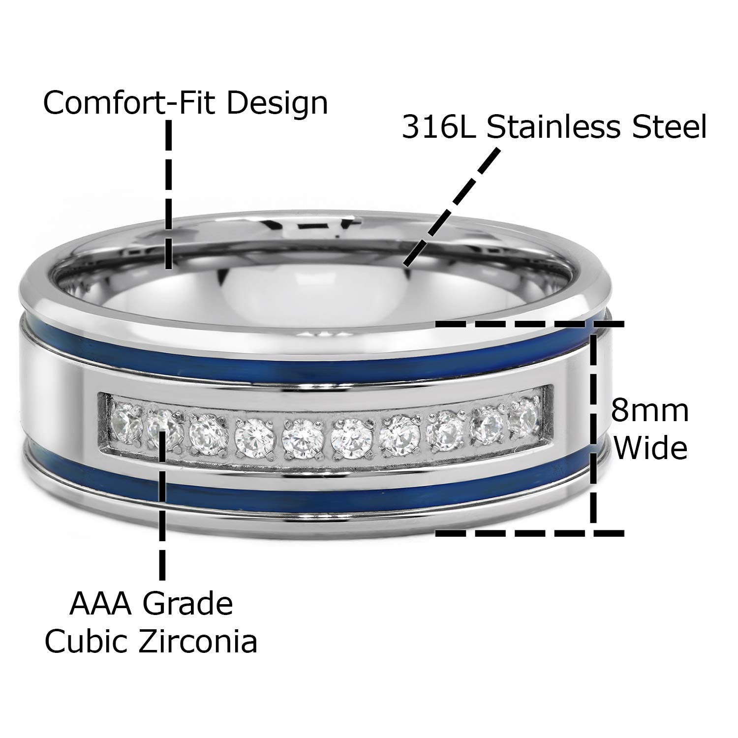 Romantic Blue Wedding Rings Set for Him and Her 3 pcs Stainless Steel CZ Men and Women Couples Rings (Women's Size 08 & Men's Size 12)