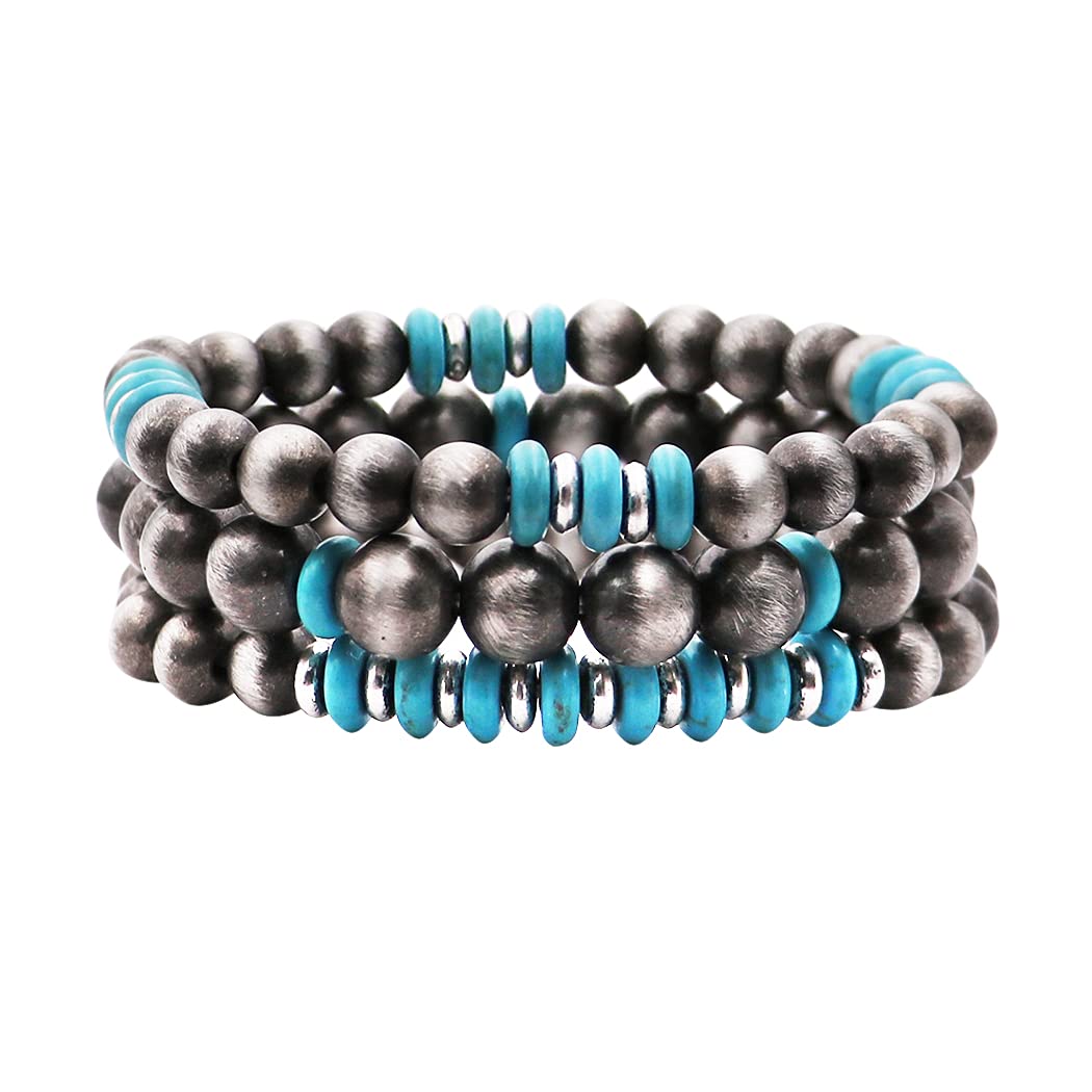 Rosemarie & Jubalee Women's Set of 3 Western Metallic Bead And Howlite Stone Stretch Bracelets, 6.75" (Metallic Gunmetal Silver With Turquoise Beads)