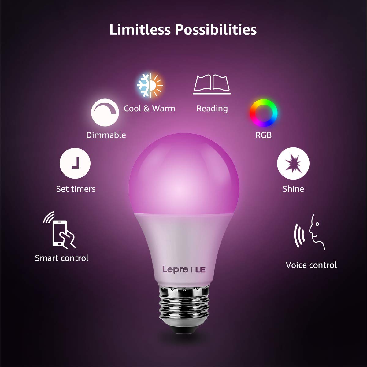Smart WiFi Light Bulbs, LED Color Changing Lights, Compatible with Alexa & Google Home, Dimmable with App, 60 Watt Equivalent, A19 E26, No Hub Required, 2.4GHz WiFi Only (2 Pack)