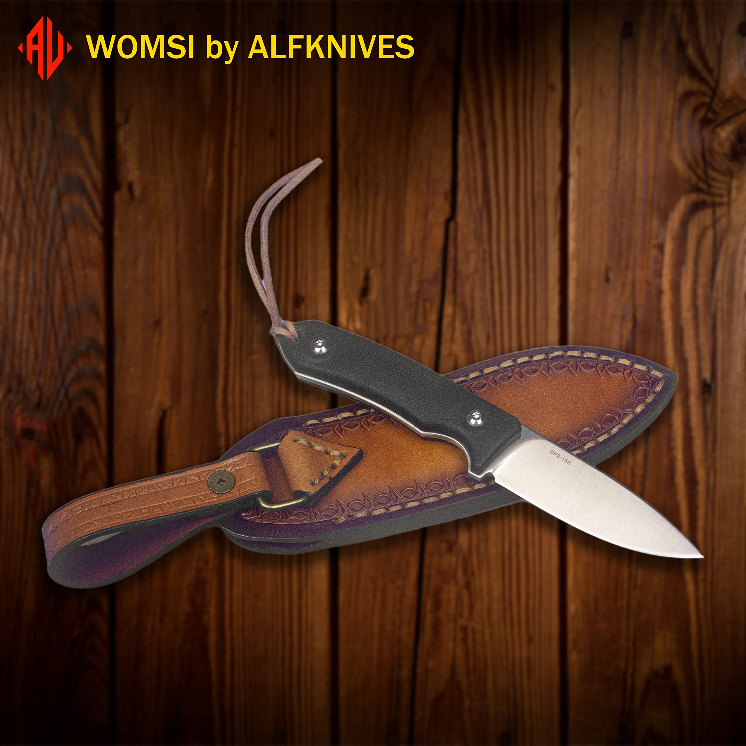 WOMSI Hunting Knife,Full Tang 6.57",DPS15-S Power Steel Blade,Sonorous&durable G10 Handle with Leather Sheath(Black)