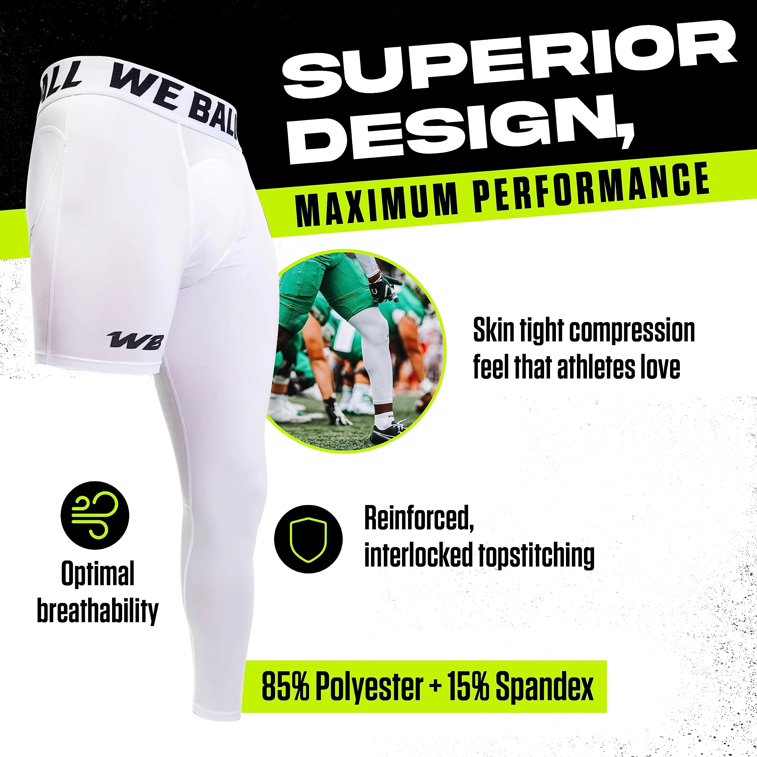 We Ball Sports Athletic Compression Tights | Men's Single Leg Sports Tights | One Leg Compression Base layer Leggings for men (Full, White)