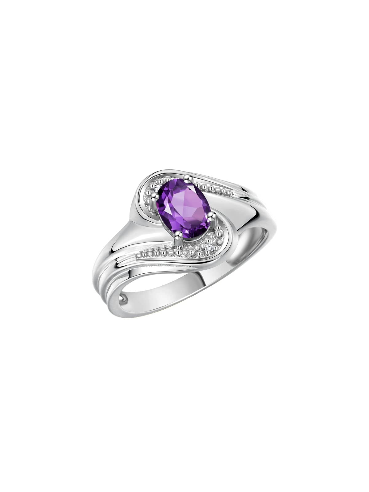 Rylos Rings for Women Silver Swirl Ring with 7X5MM Oval Gemstone & Diamond Ring February Amethyst Jewelry Size 10