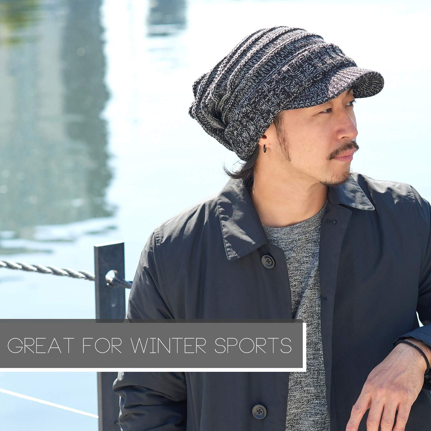 Slouchy Beanie Brim Hat - Mens Slouch Cap Womens Warm Slouchy Brim Cable Knit with Brimmed Visor Black