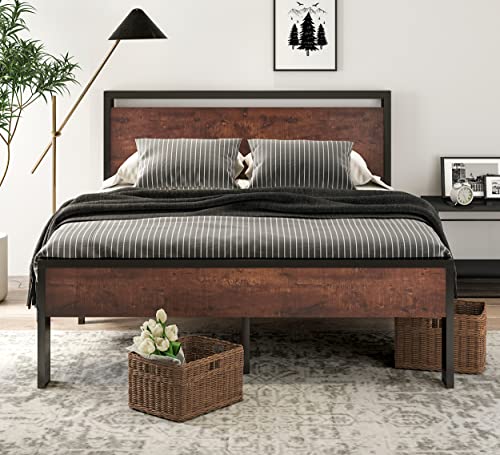 SHA CERLIN 14 Inch Full Size Metal Platform Bed Frame with Wooden Headboard and Footboard, Mattress Foundation, No Box Spring Needed, Large Under Bed Storage, Light Mahogany