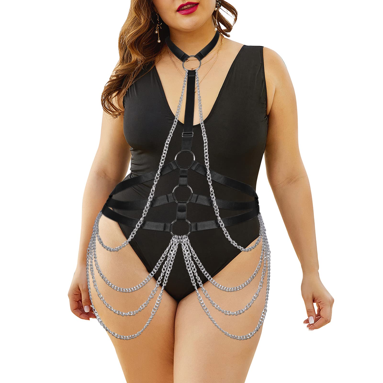 Women Plus Size Body Chain Full Body Hollow Out Harness Bra Punk Gothic Festival Rave Set (Black)