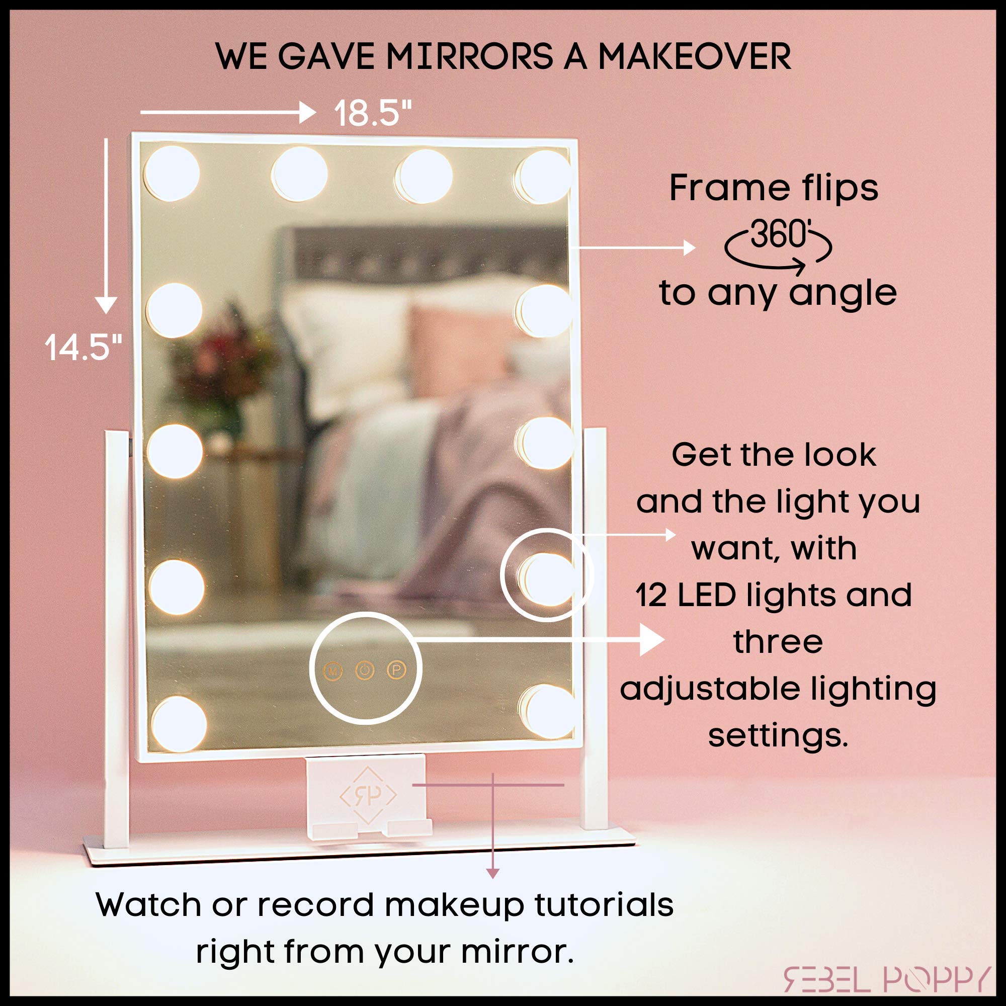 REBEL POPPY Vanity Mirrors with LED Lights - Phone Mount, 3 Lighting Touch Control, 18.5β x 14.8β, Fogless - Hollywood Lighted Makeup Mirror (White)