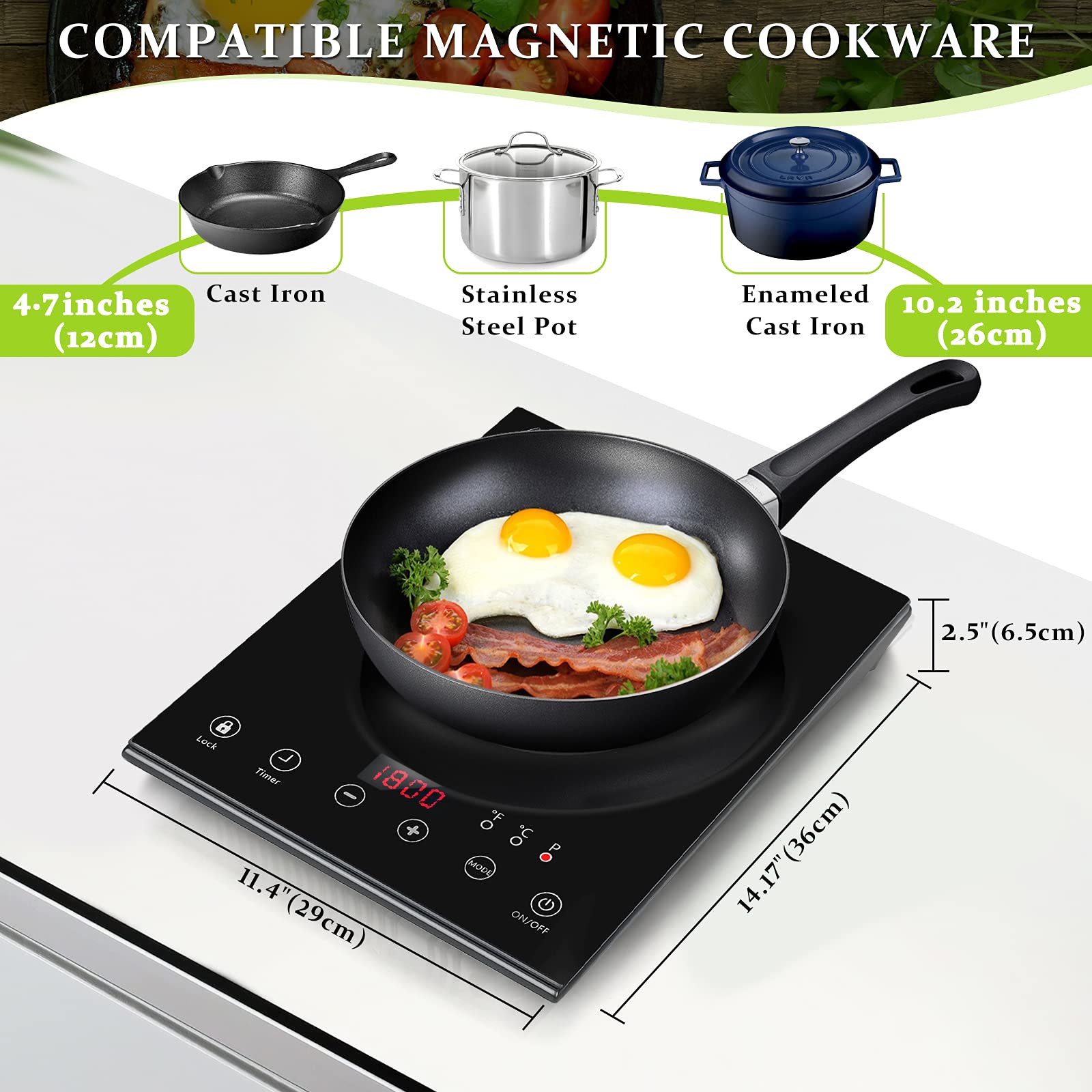 Portable Induction Cooktop, KXITGSIMRE 1800W Electric Induction Burner Cooktop with Child Safty Lock, 17 Power Levels 21 Temperature Setting, 3 Hours Timer