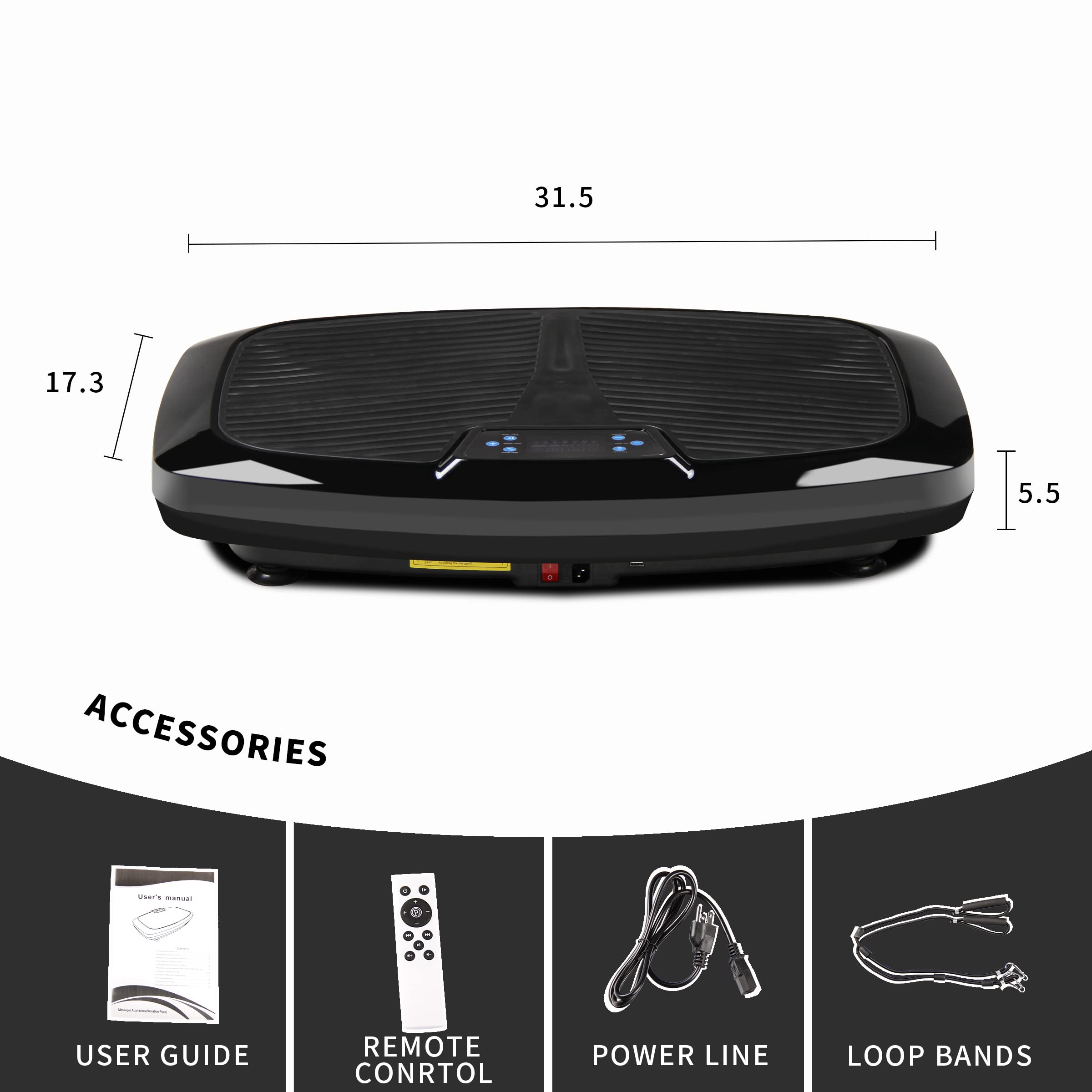 Vibration plate exercise machine,vibration platform with Loop bands/remote control, vibration plates exercise machine for fitness (Black)