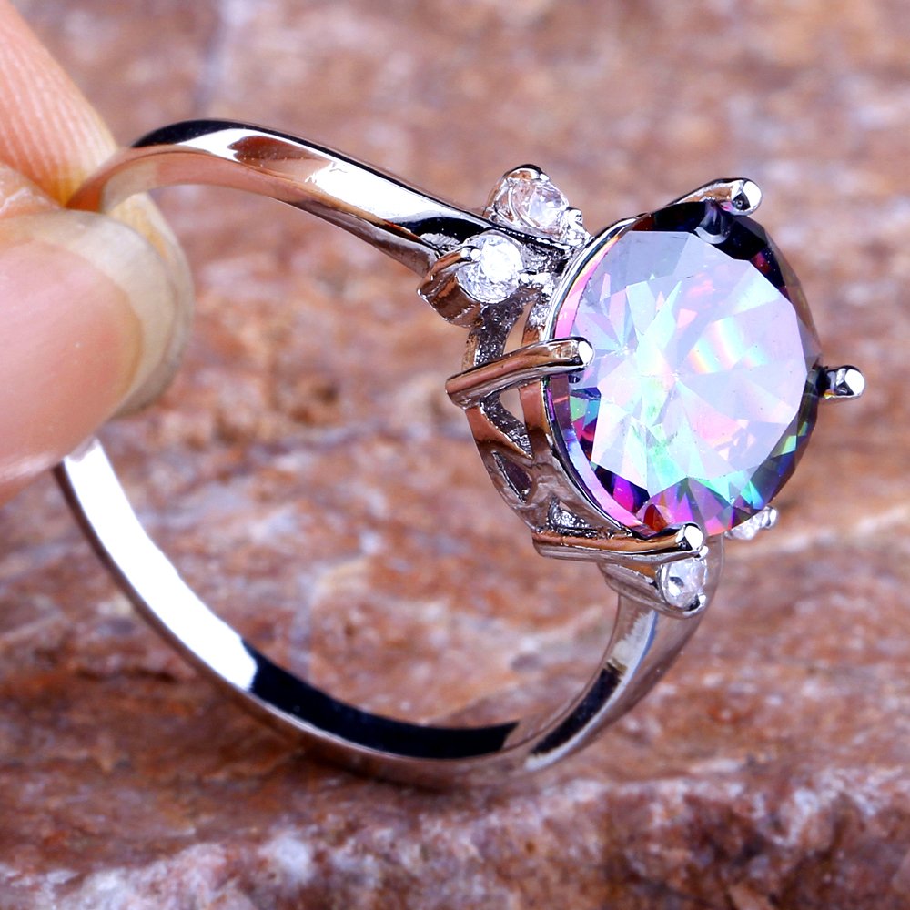Psiroy 925 Sterling Silver Plated Oval Cut Simulated Rainbow Topaz Promise Ring Size 7