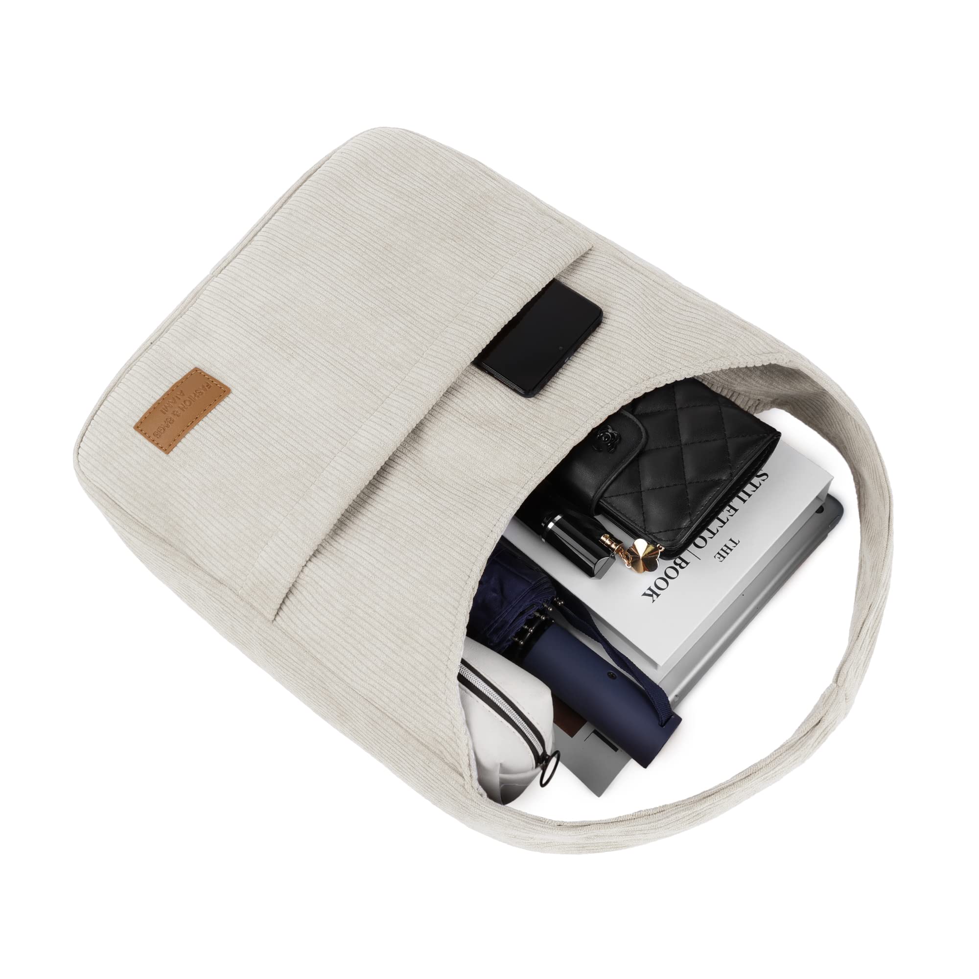 Women Corduroy Tote Bag Casual Shoulder Bag Big Capacity Hobo Bag Handbag Purse with Pockets (White)