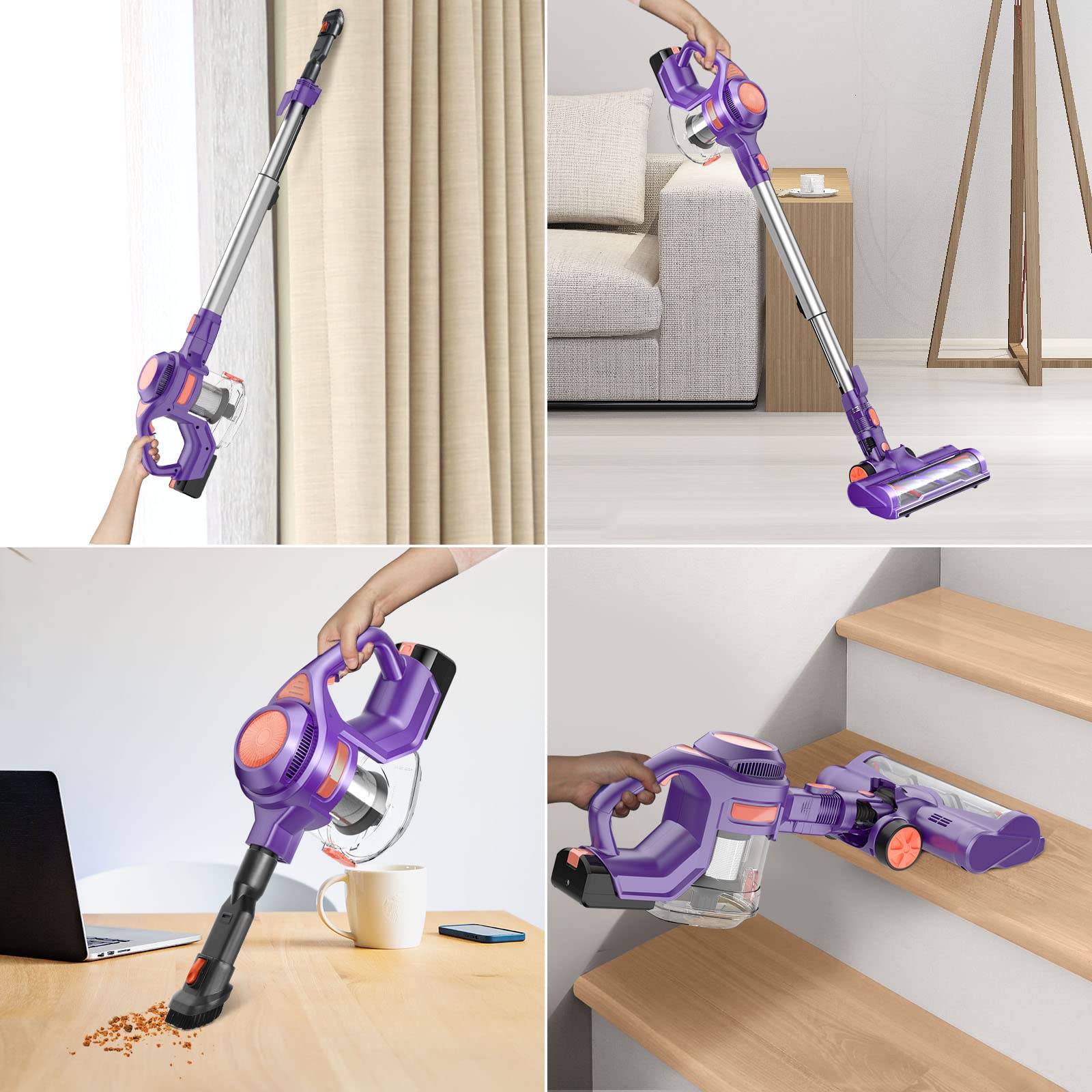 Tocwon Cordless Vacuum, 24KPa Stick Handheld Vacuum Cleaner with 250W Brushless Motor, 4 in 1 Lightweight Vacuum Cleaner with 2 in 1 Brus Purple & Orange