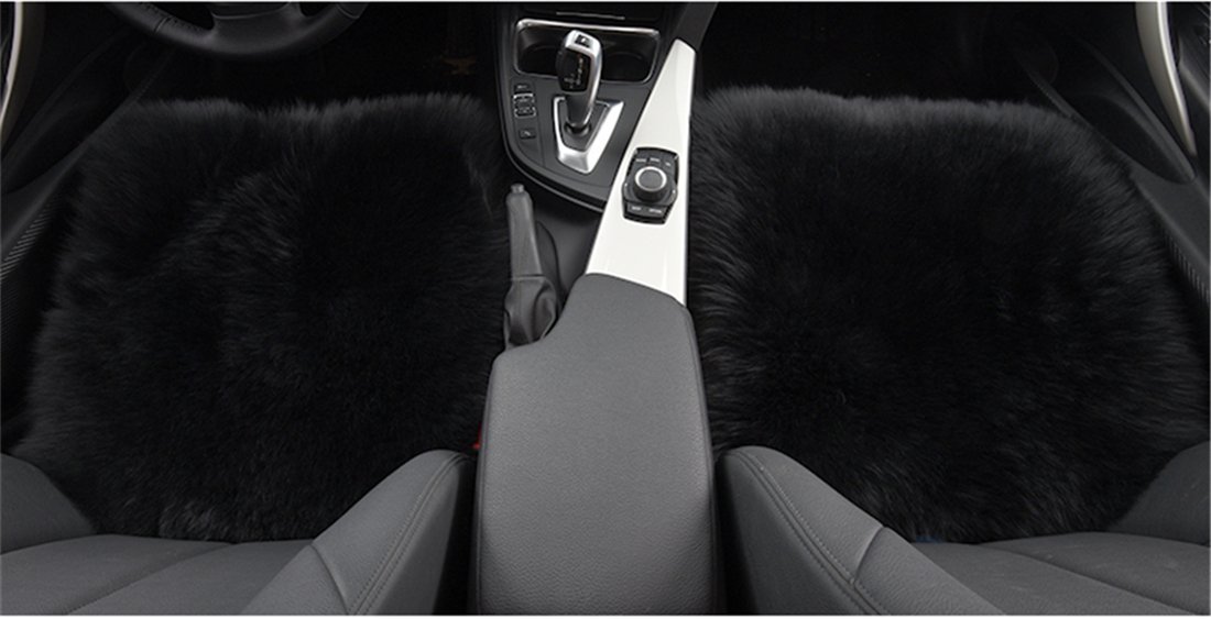 USIX 18" Luxurious Squared Sheepskin Leather with Long Plush Wool Fur Chair Car Seat Cover Cushion with Straps Pad Mat Rug for Car Front Seats, Hard Wood Chairs, Office Chairs (Black)