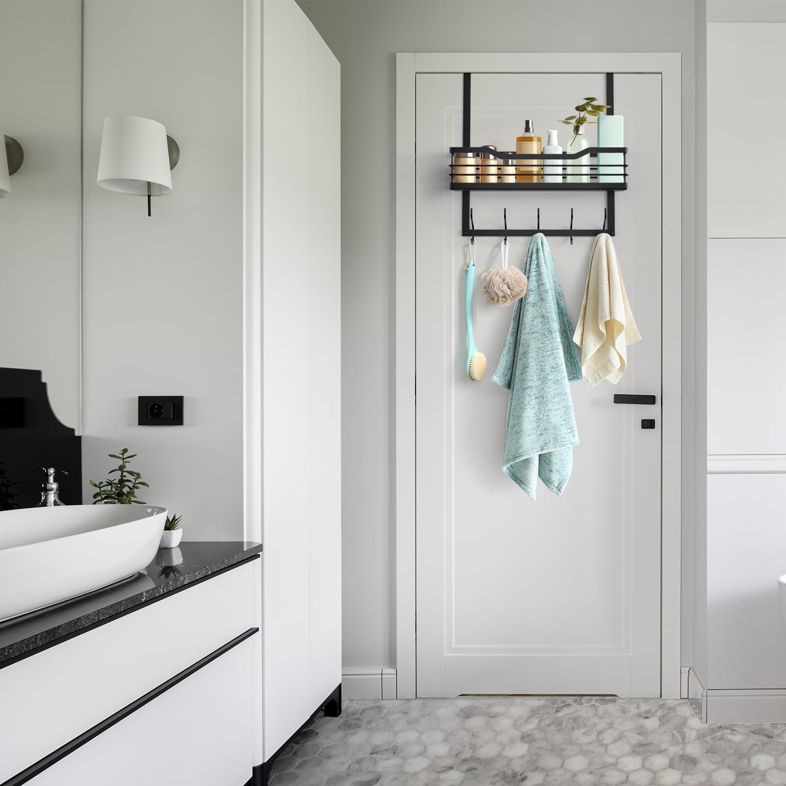 PAPAGIFTREE Over The Door Hooks Organizer (Assembly Required), Over The Door Towel Rack Mesh Basket with 5 Hooks, Over The Door Organizer Towel Rack for Bathroom