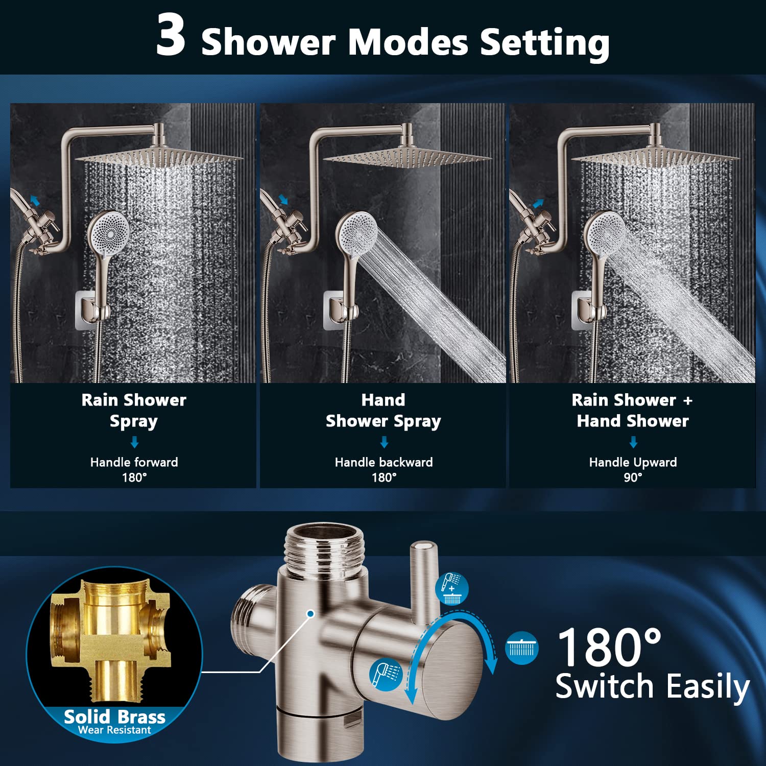 Shower Head Brushed Nickel, Upgraded 12" Rain Shower Head with 12" Flexible Curved Shower Extension Arm and High Pressure 4 Setting Handheld Shower Head Combo, Built-in Power Wash, 60ββ Shower Hose