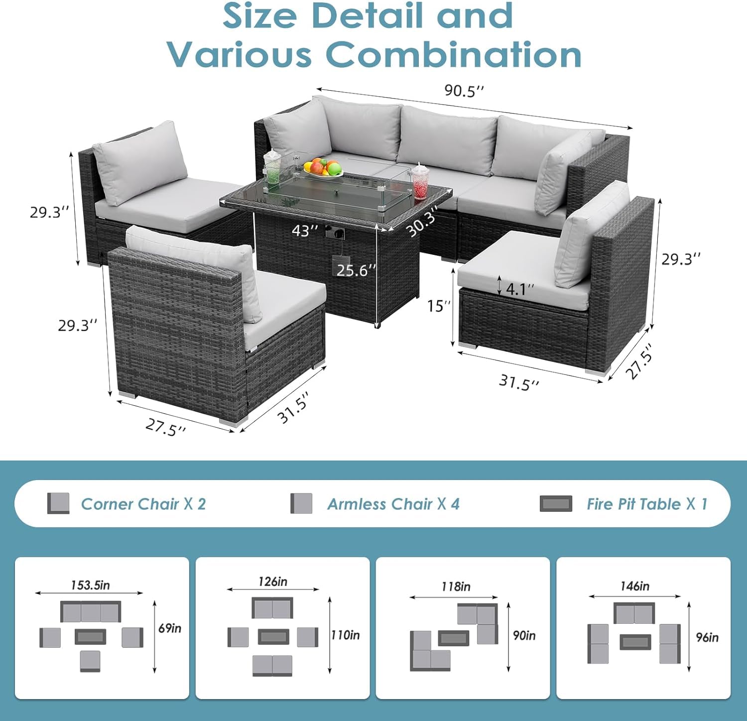 RADIATA PE Wicker Patio Furniture Set Sectional High Back Large Size Sofa Sets with Propane Fire Pit Table 55000 BTU Balcony Rattan Lounge Conversation Sets for Outdoor (7 Pieces,Light Gray)