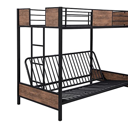Polibi Twin-Over-Futon Couch and Bed, Metal Futon Bunk Bed with Guardrails and Ladder (Black)