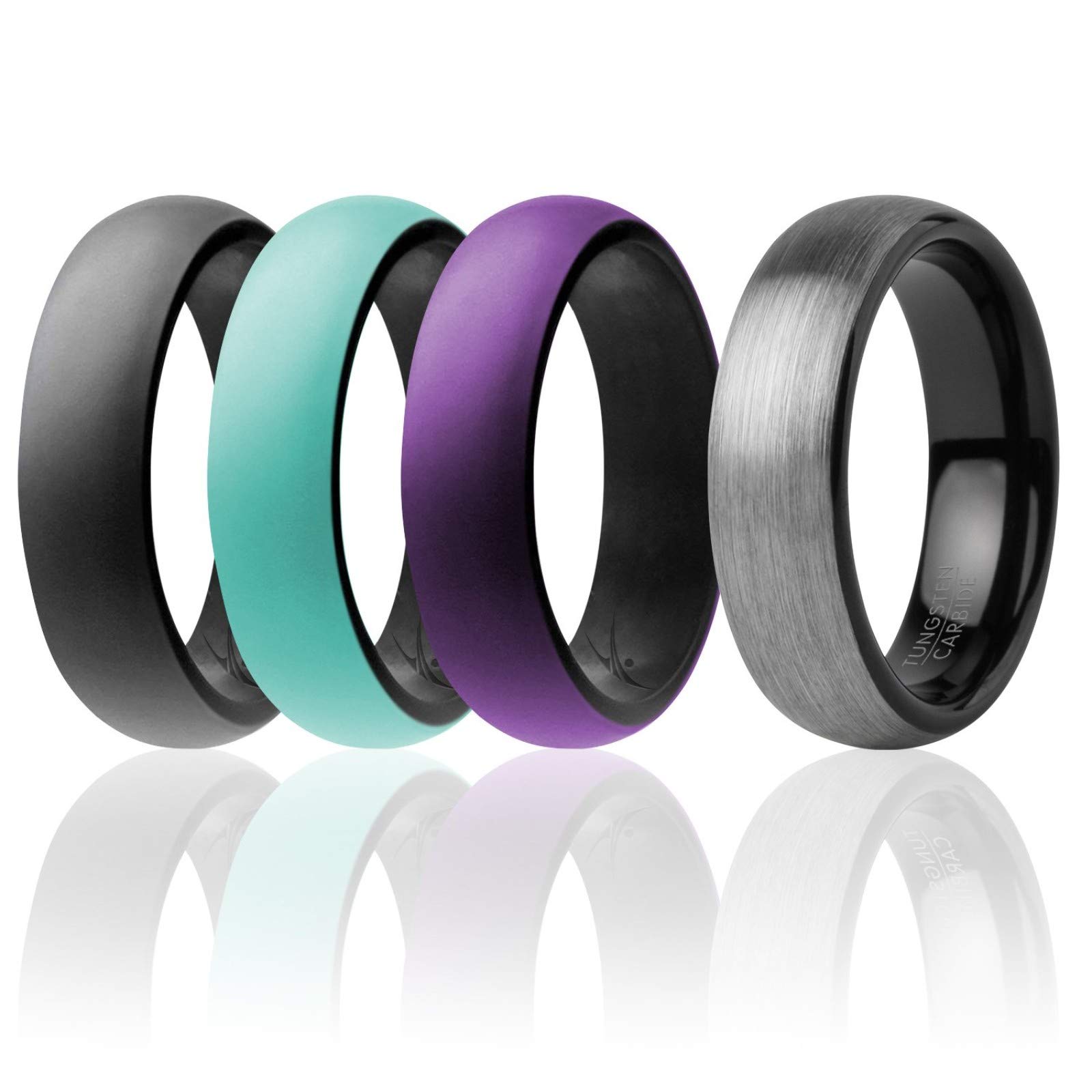 ROQ - 4 Pack - 3 Silicone & 1 Tungsten Carbide Wedding Rings for Women – Womens Silicone Ring for Work/Sport, Tungsten Band for Events - 6mm Brashed Top Style - Black, Grey, Turquoise, Purple - Size 5