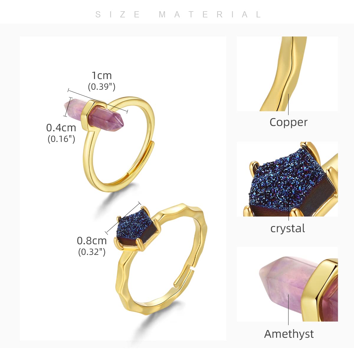 VIENNOIS 2 PCS Amethyst Natural Healing Crystal Ring for Women,Adjustable Open Healing Stones Gemstone Birthstone Jewelry Rings For Develop Intelligence Enhance Memory