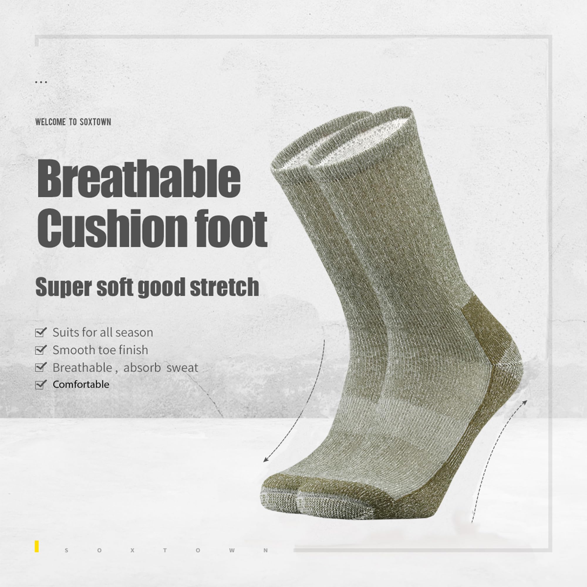 SOX TOWN Men's Merino Wool Cushion Crew Socks Moisture Wicking Control for Outdoor Hiking Work Boot Thermal Warm All Seasons(Green XL)