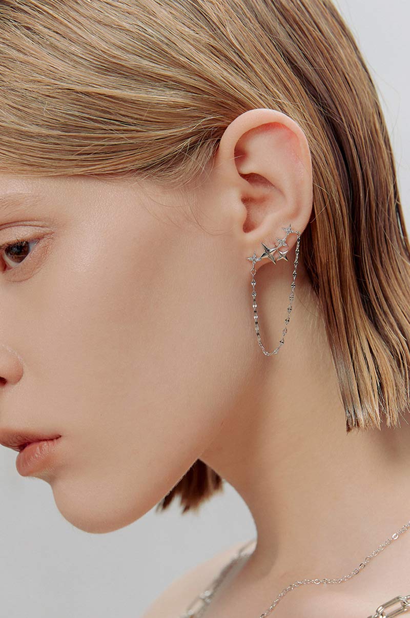 SLUYNZ 925 Sterling Silver Star Chain Studs Earrings for Women Star Crawler Earrings Studs Asymmetric