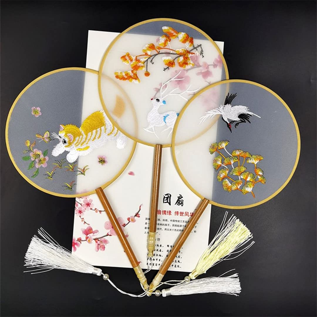 Women Dancing Embroidery Flower Handheld Wooden Handle Fan Vintage Translucent Chinese Style Round Silk Fans with Tassels