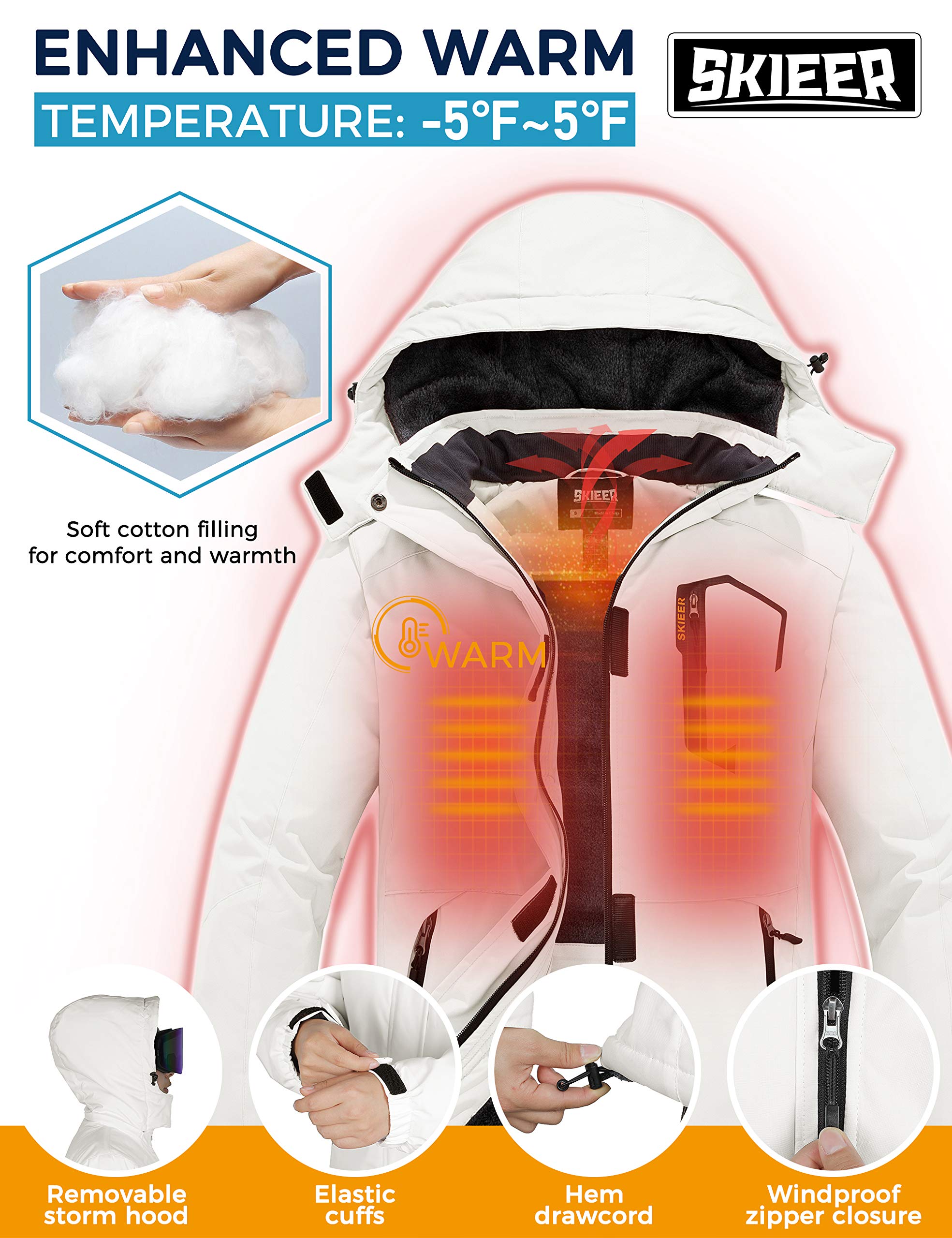 Skieer Women's Waterproof Ski Jacket Winter Parka with Detachable Hood White M