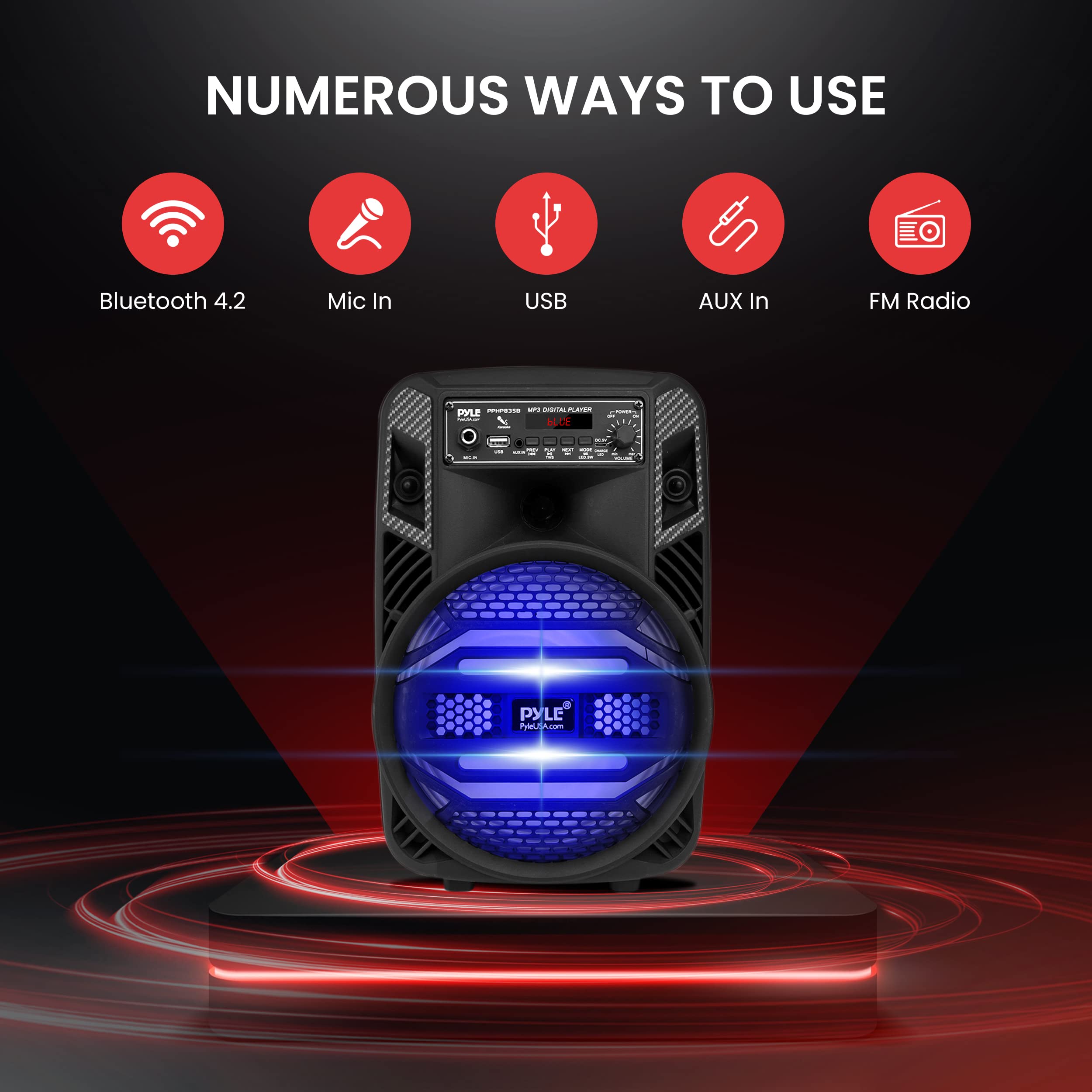 Pyle Portable Bluetooth PA Speaker System - 300W Rechargeable Outdoor Bluetooth Speaker Portable PA System w/ 8β Subwoofer 1β Tweeter, Microphone In, Party Lights, MP3/USB, Radio, Remote -PPHP835B