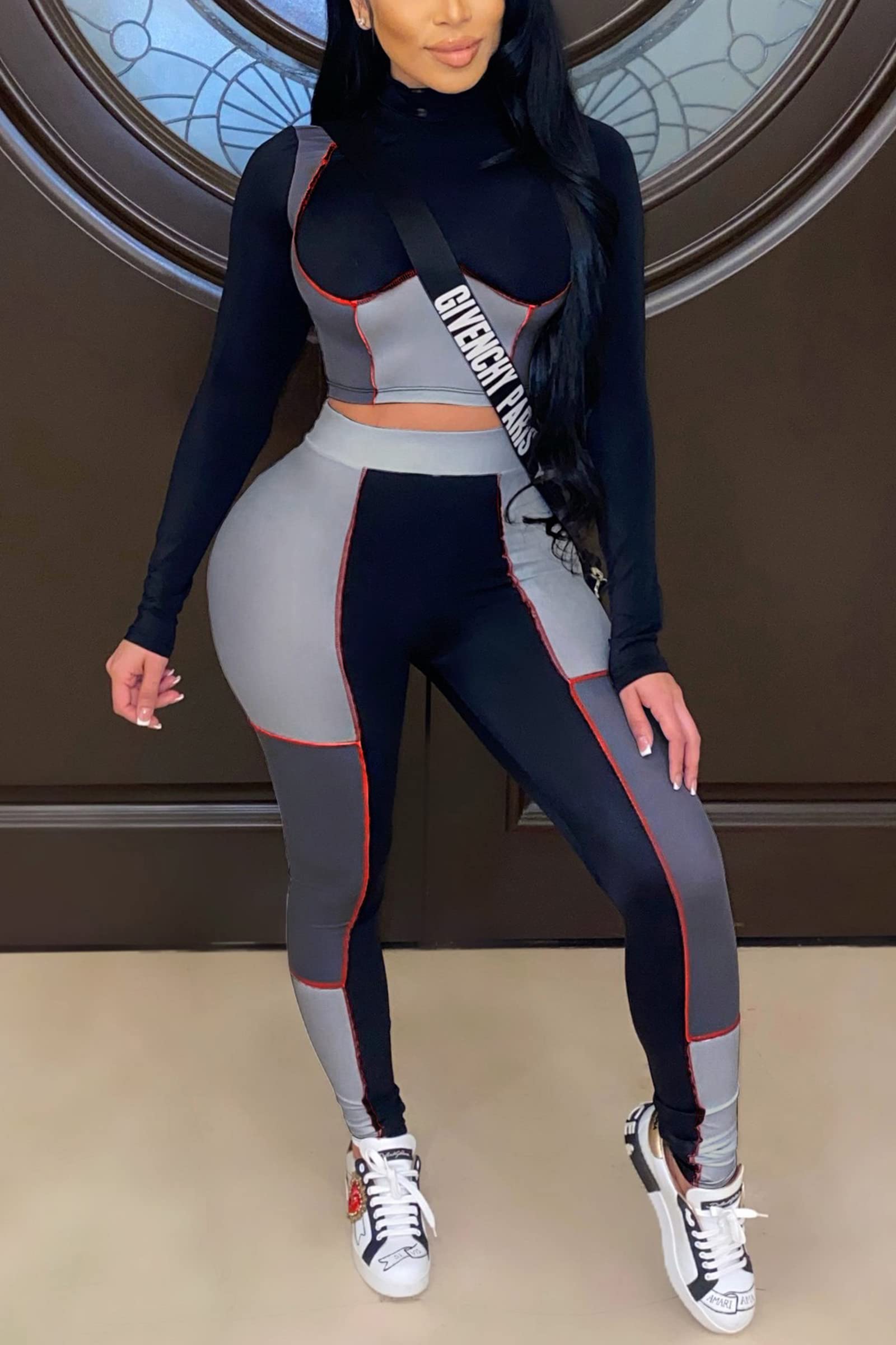 Women Two Piece Casual Sweatsuit- Bodycon Jumpsuit Patchwork Color Block Crop Top Pant Yoga Set Jogger Tracksuit Grey
