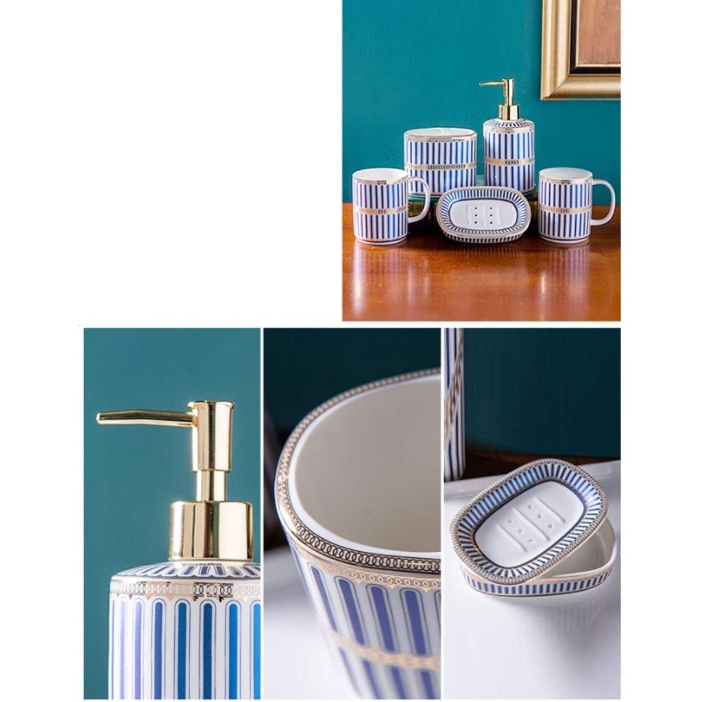 Shower Pump Soap Dispenser, 6 Piece Bathroom Sink Set,Toothbrush Holder, Tooth Glass X 2, Soap Dish, Soap Dispenser,Tray (Color : Blue Circles) (Pink Stripes)