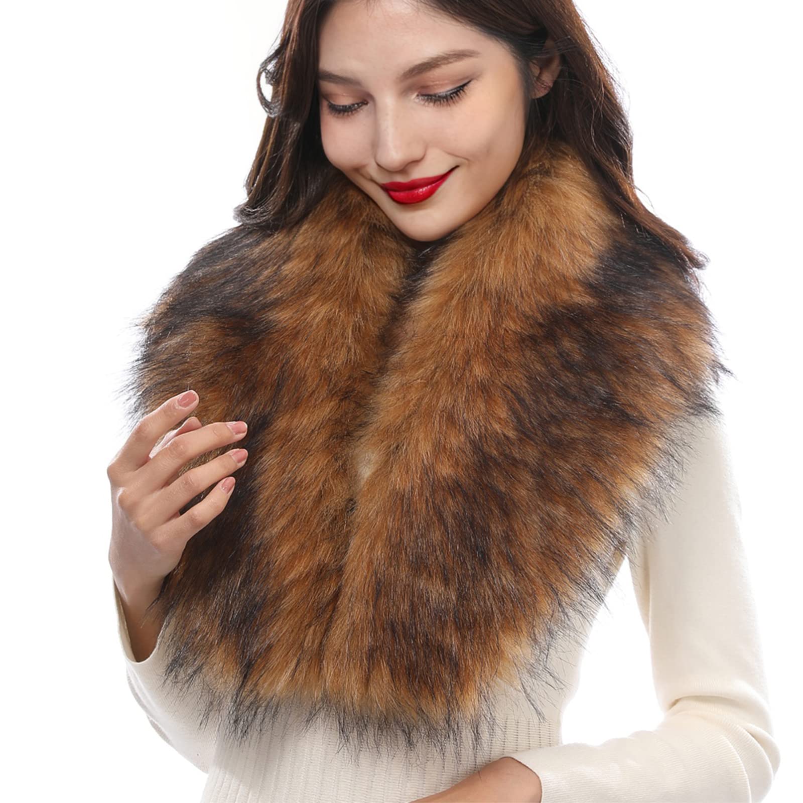 Valpeak Real Fur Collar Women's Fur Shawl Wrap for Party Winter Scarf Neck Warmer for Coat(bROWN)