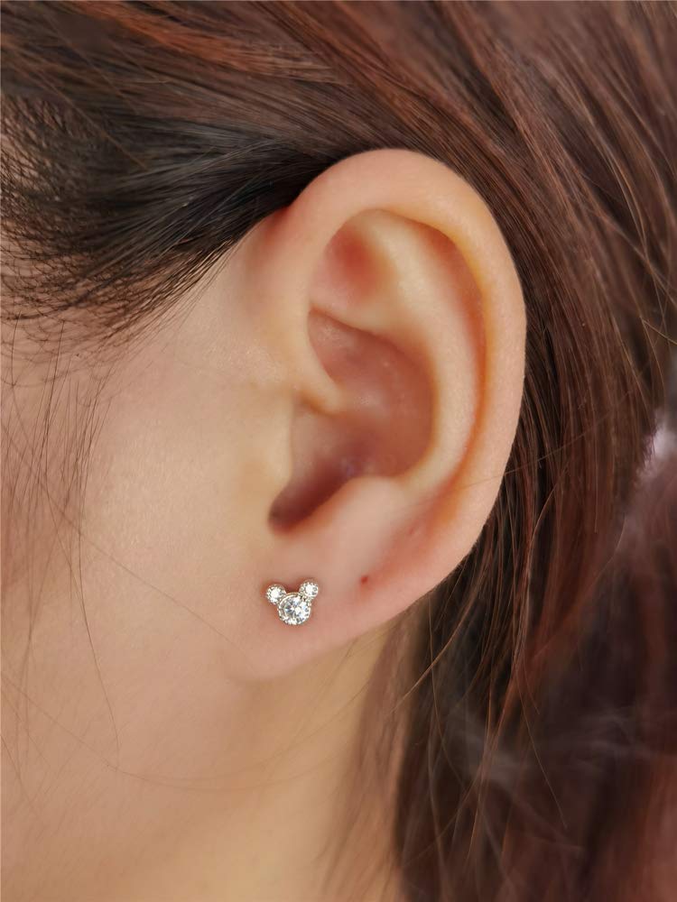 Tiny Cute Mouse Stud Sterling Silver Earrings for Women Girls Gold Plated Cubic Zirconia Mini Small 20g Barbell Ball Studs Cartilage Tragus 4 mm Bead Screw Back Piercing Body Jewelry (Silver)