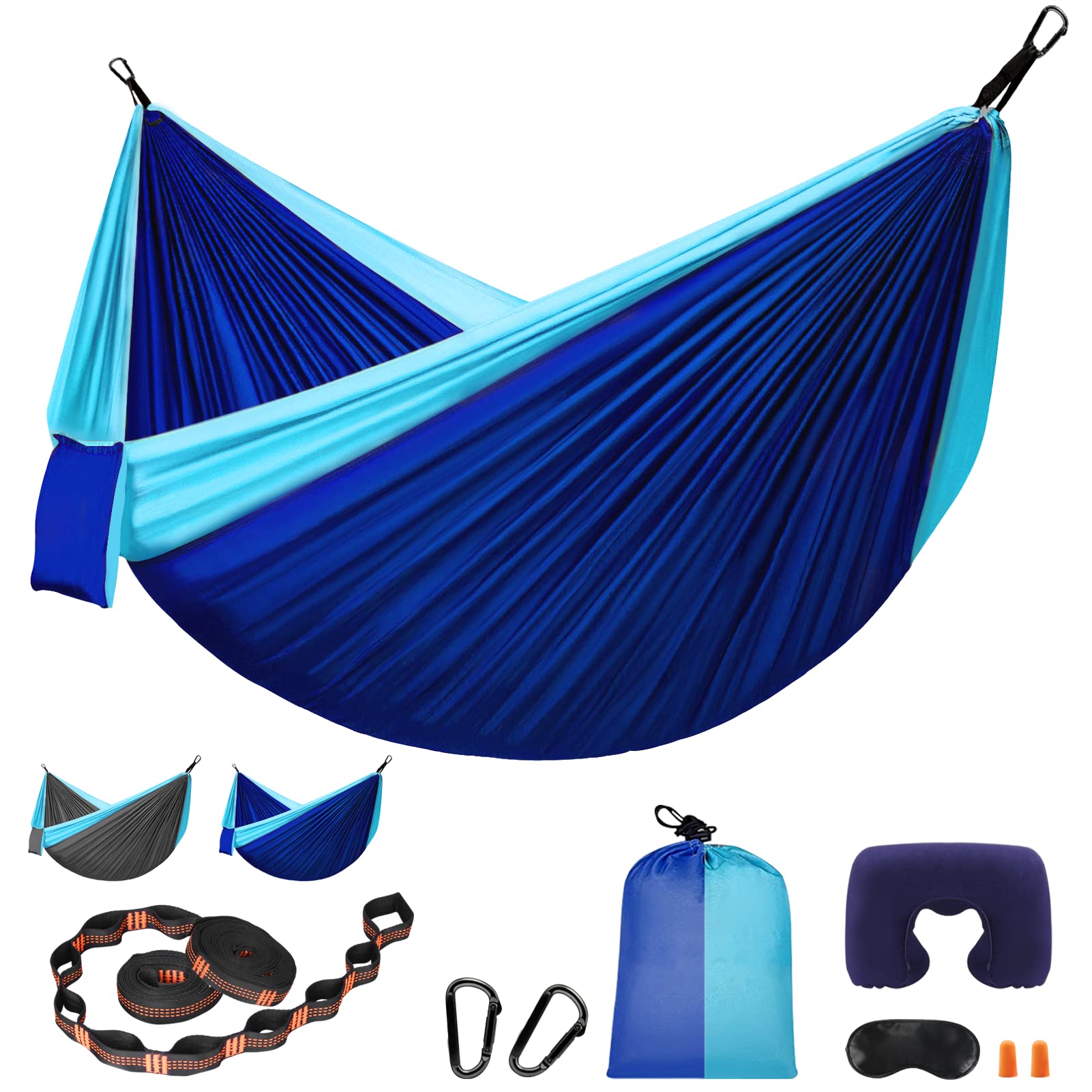 UEAKPIC Hammock Camping , Double Portable Hammocks with Tree Straps , Parachute Lightweight Nylon Hammock for Outdoor Travel Backpacking (Dark Blue / Blue )