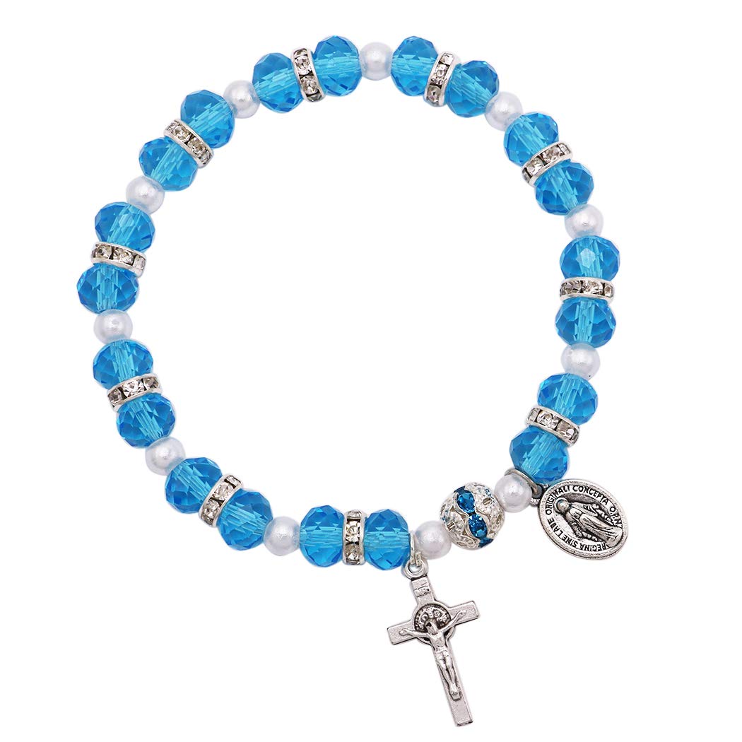 Rosemarie Collections Women's Beaded Stretch Rosary Bracelet with Crucifix and Miraculous Medal (Red)