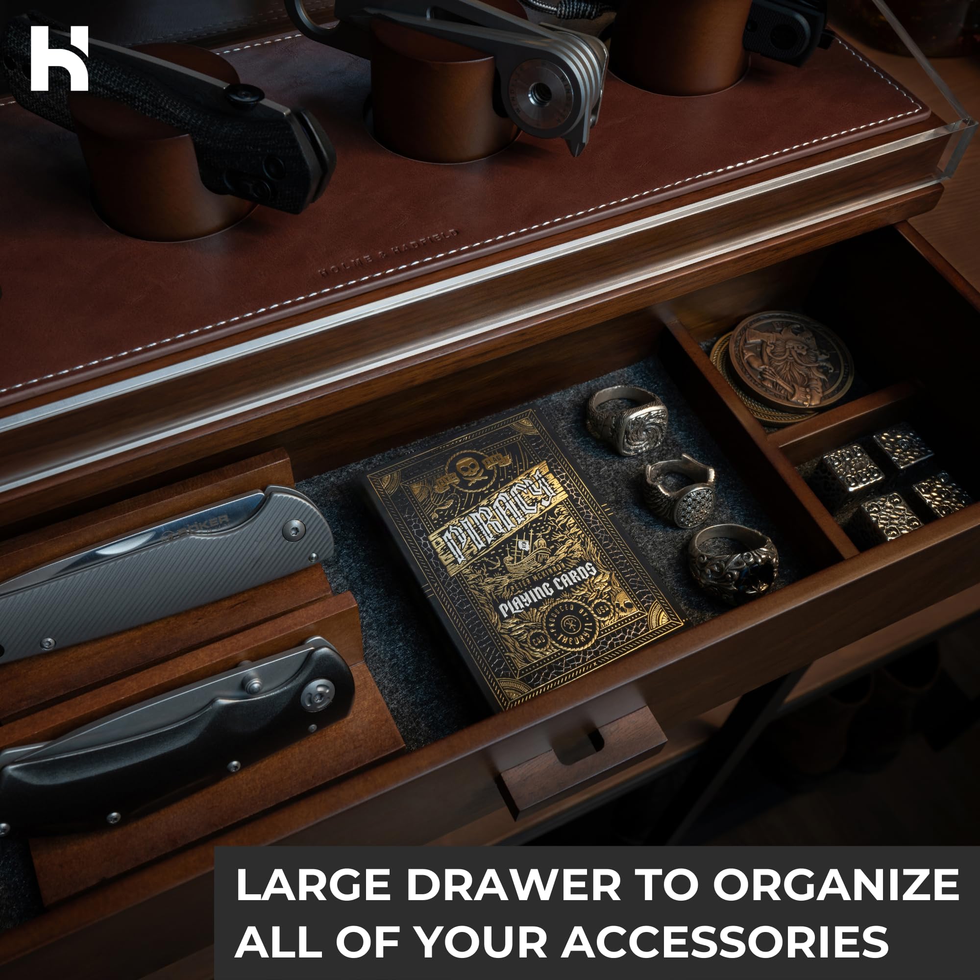 Showcase Your Knives with The Knife Deck Pro – Premium Pocket Knife Display Case for 6 Knives – Easy Access & Leather Lining – Drawer for Accessories – Wooden Pocket Knife Holder – Lifetime Assurance