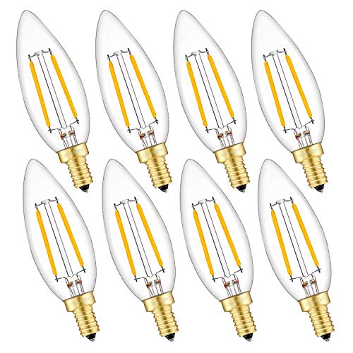 OMAYKEY 2W LED Candelabra Bulb 25W Equivalent 2700K Warm White 250 Lumens, E12 Base Antique Edison Clear Glass C32 Candle Bulbs, Dimmable LED Chandelier Light Bulbs, 8 Pack