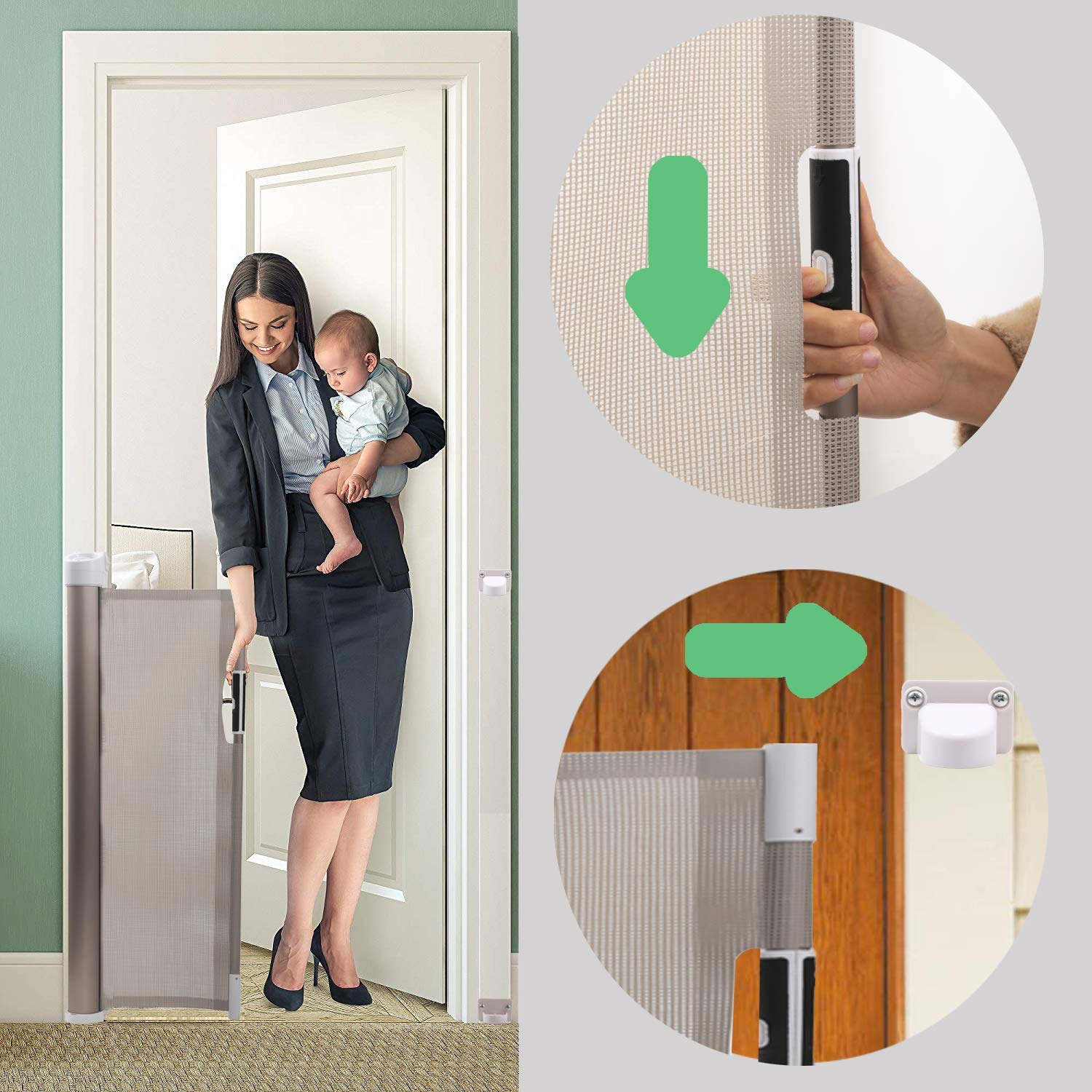 Retractable Baby Gate Support Three Directions 52 INCH Wide Mesh Safety Gate with Easy Latch and Flexible Design for Stairs, Doors,Most Spaces