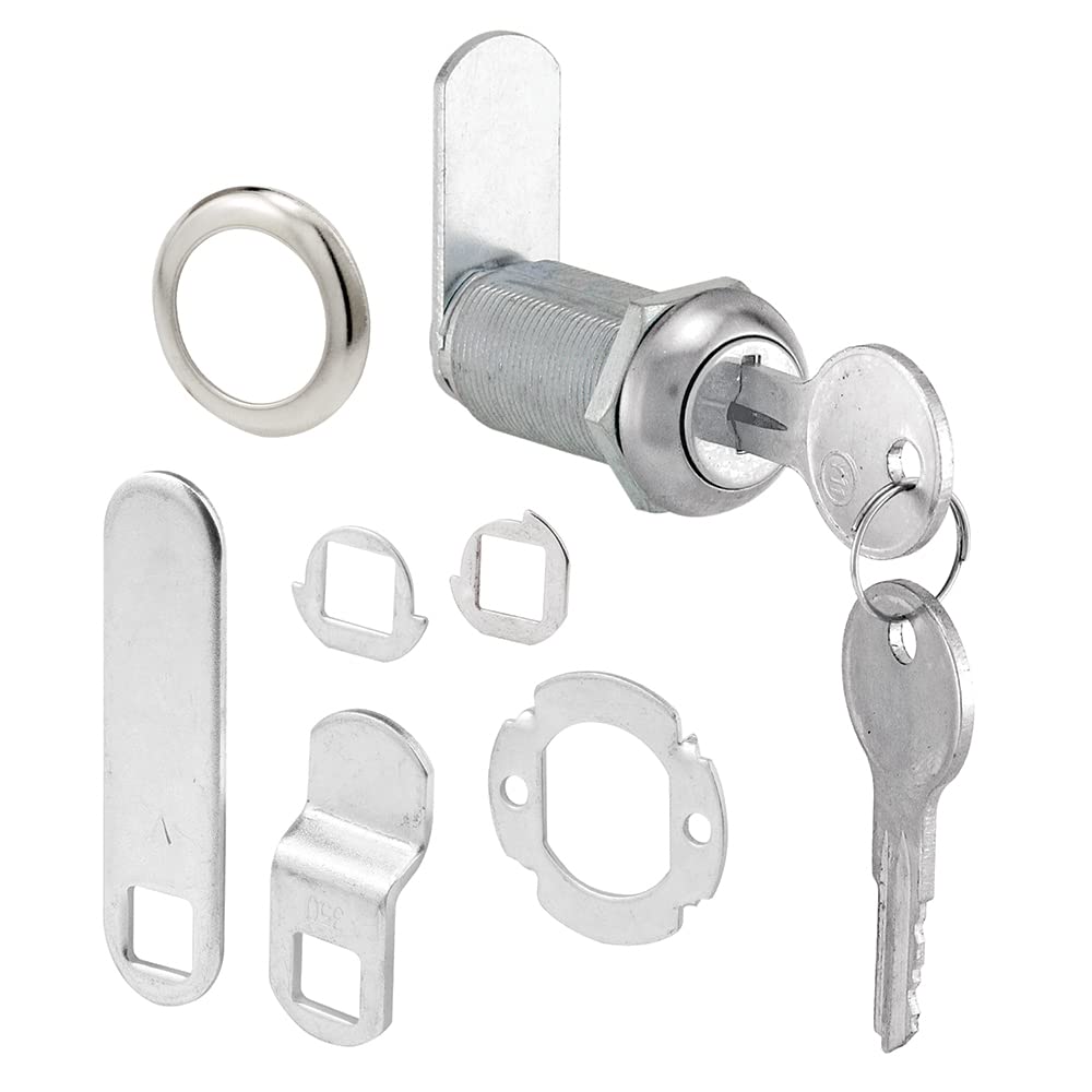 Prime-Line U 9950KA Diecast Keyed Alike Drawer and Cabinet Lock – 3 Cams, Trim Collar, 2 Washers, 2 Keys and Fasteners – 1-3/8 in. Length for 1 in. Max Panel Thickness, Stainless Steel (1 Set)