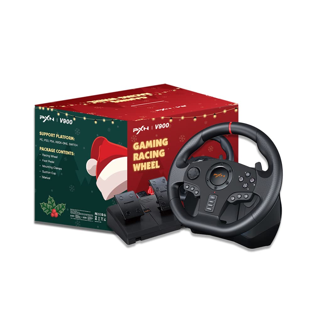 PXN V900 PC Steering Wheel with Pedals and Shift Paddle Universal Usb Car Sim 270/900 Degree Racing Wheel Compatible with PS3,PS4,Xbox,One,Xbox Series X/S,PC,Switch,Android TV (Christmas Gift Box)