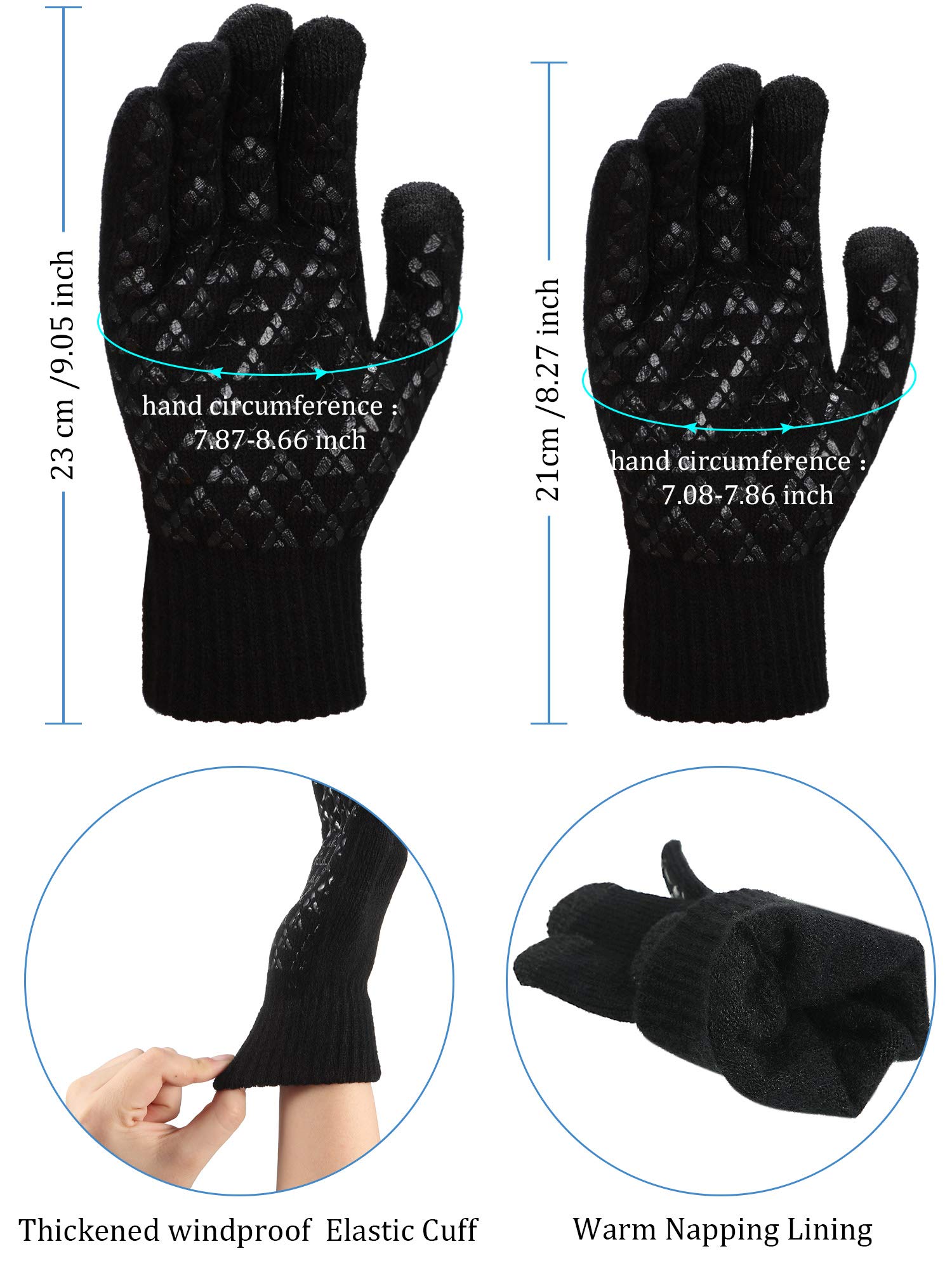 SATINIOR 4 Pairs Winter Knit Touchscreen Gloves Warm Texting Gloves Elastic Anti-slip Gloves for Adults (Black, Black Red, Black White, Navy, M)