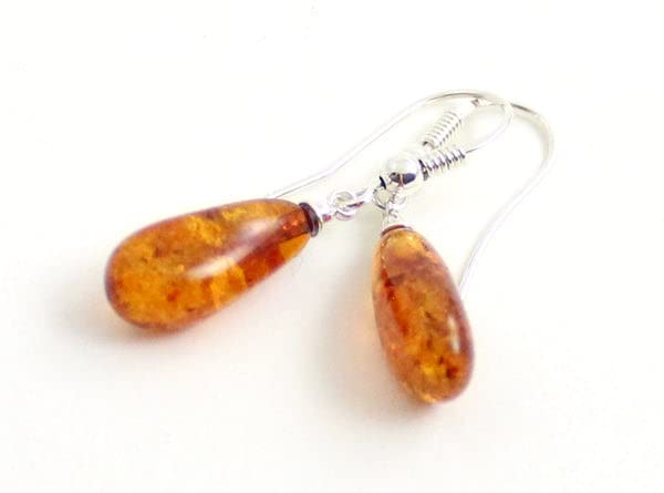 TipTopEco Baltic Amber Earrings For Women with Silver - Drop Dangle - Drop Shape (Cognac)