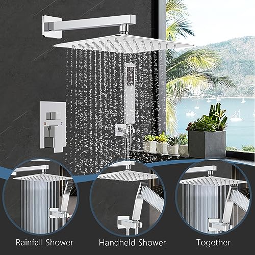 Shower Faucet Set, 10 Inches Rainfall Shower System with High Pressure Rain Shower Head with Handheld, Square Shower Faucet Wall Mounted Bathroom Luxury Rain Mixer Shower Complete Combo Set