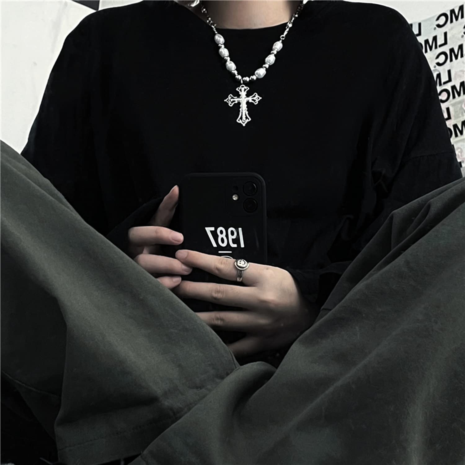 Women Pearl Necklace Goth Cross Pattern (Picture Color,alloy)