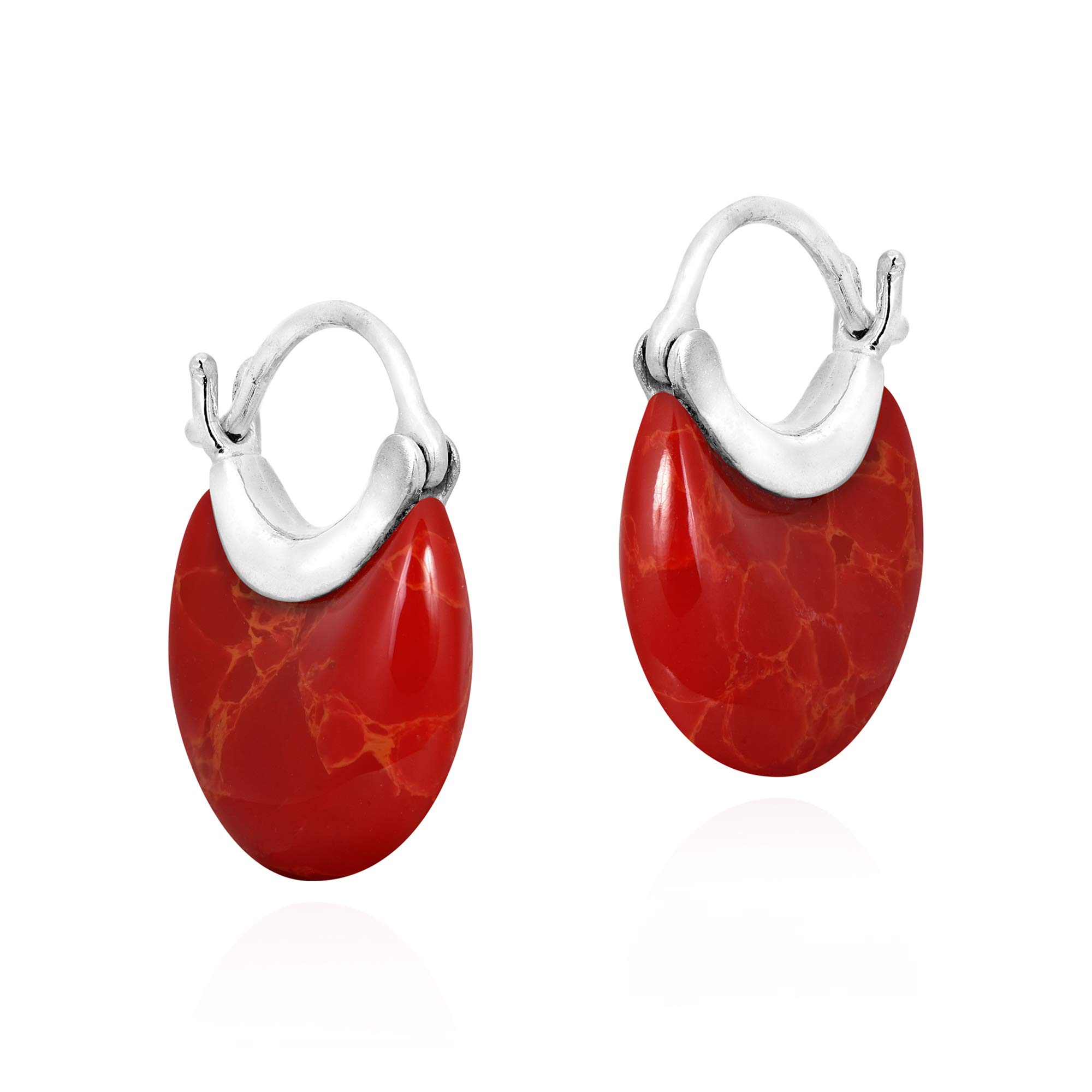 Trendy Reconstructed Red Coral Disc on .925 Sterling Silver Huggie Hoop Earrings