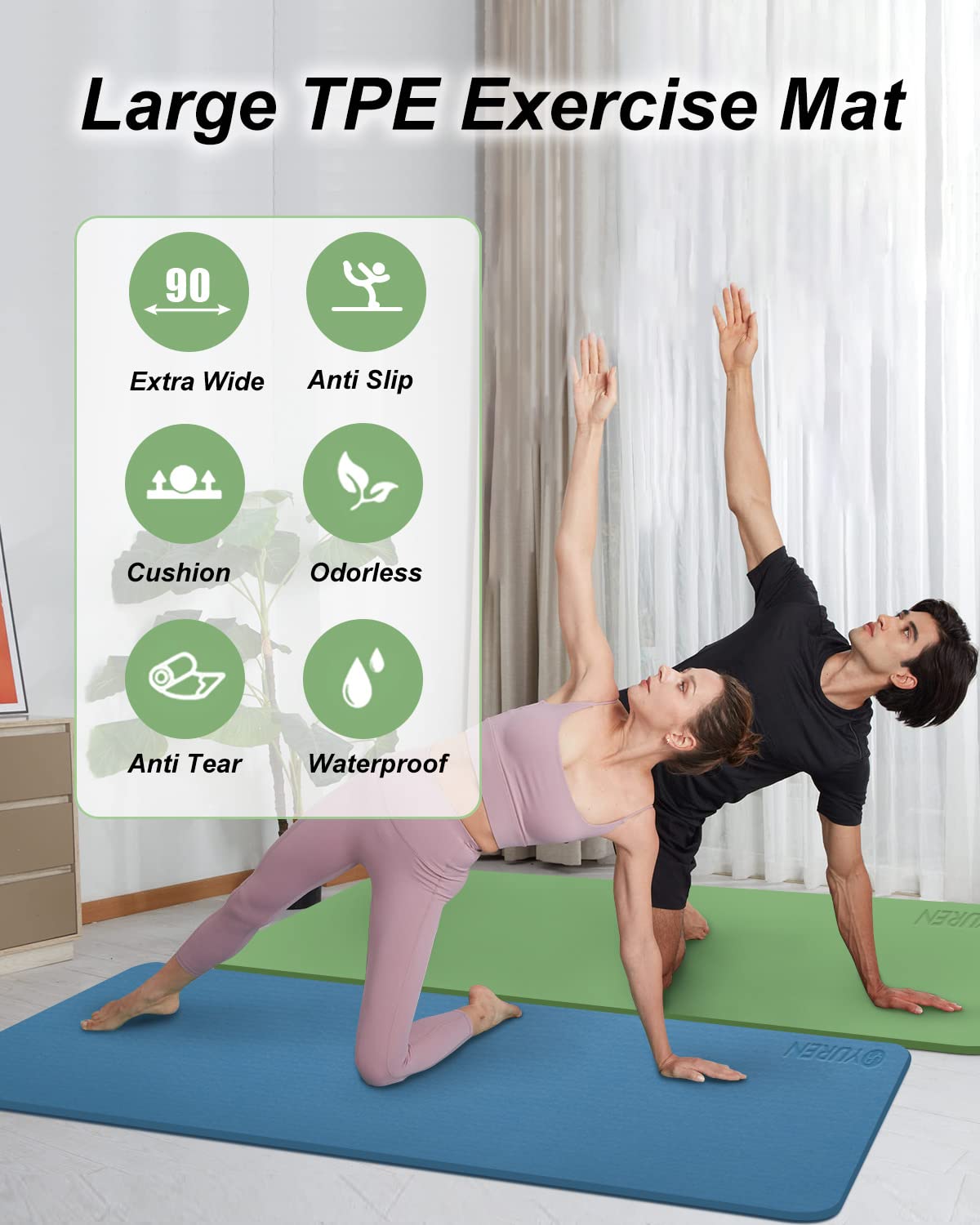 YR Yoga Mat Non Slip Exercise Mat Large 76"x35" 10mm Extra Thick Workout Mats for Women Men, Eco TPE Yoga Mats with Bag - Blue