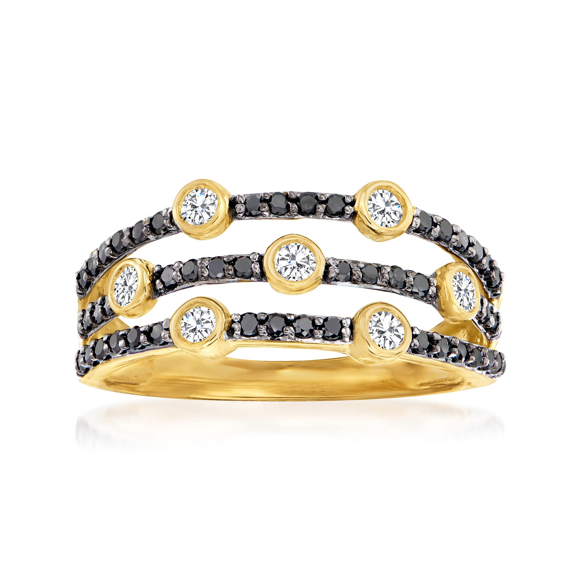 Ross-Simons 0.50 ct. t.w. Black and White Diamond 3-Row Ring in 14kt Yellow Gold. Size 9