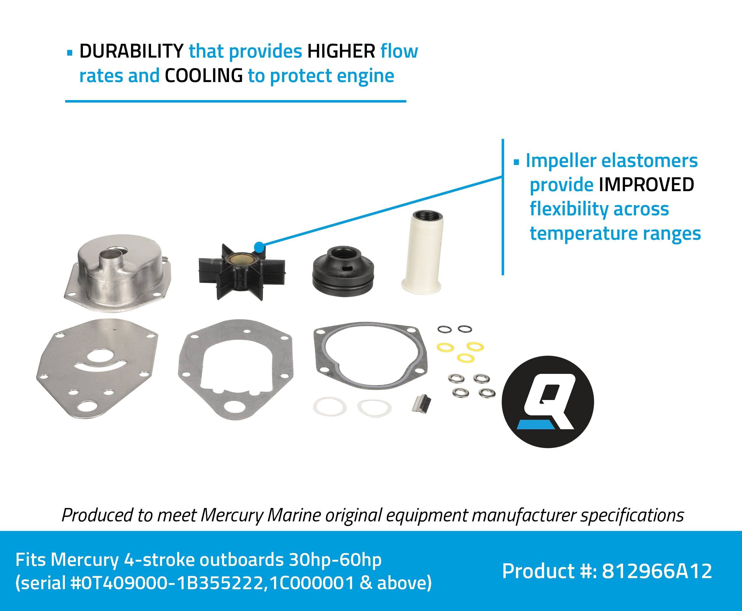 Quicksilver 812966A12 Water Pump Repair Kit for Mercury and Mariner 4-Stroke 30-60 HP Outboards