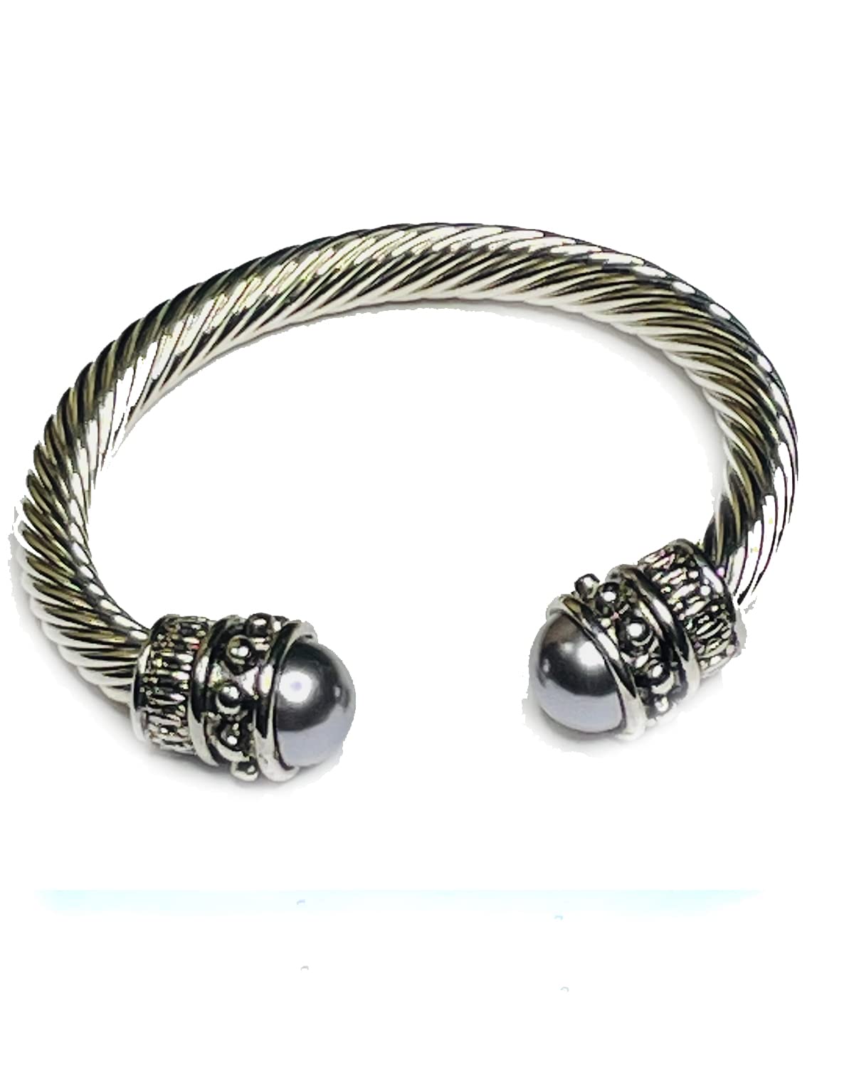 Woke Creations Grand Silver Plated Twisted Cable Bangle Cuff Bracelet Black Pearl Statement Accents