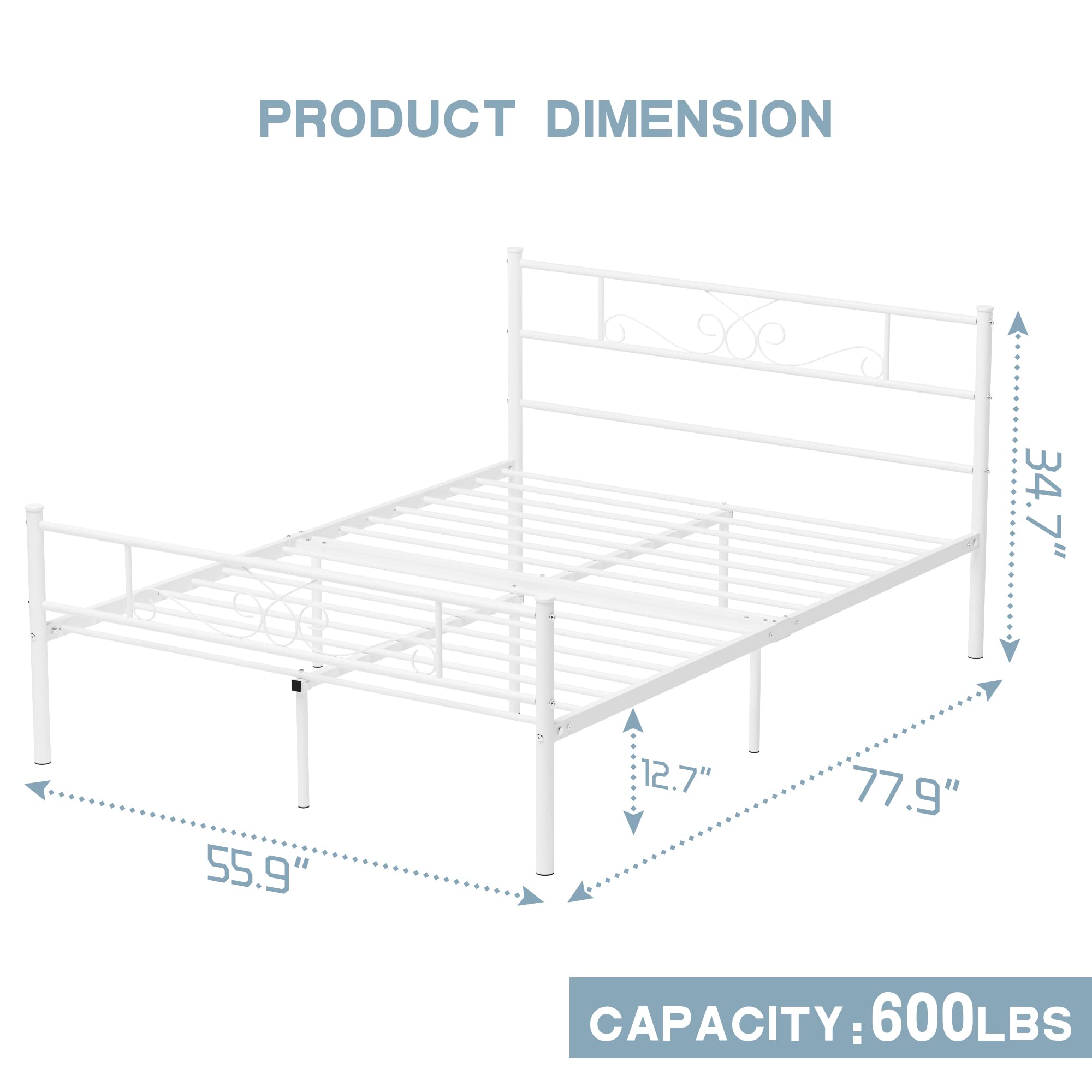 SimLife Full Bed Frame with Headboard and Footboard Mattress Foundation Support Metal Platform Bed No Box Spring Needed, Popular Style White